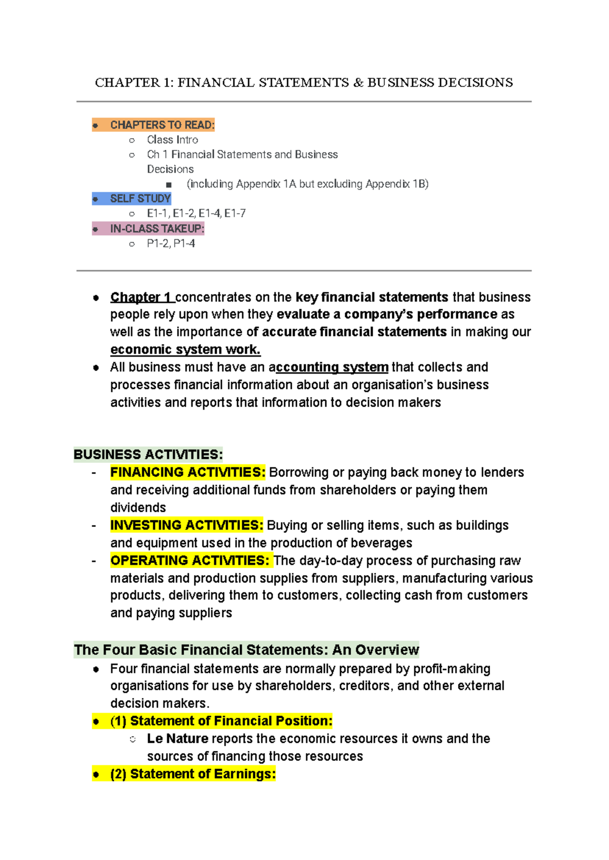 Chapter 1 Financial Statements & Business Decisions - CHAPTER 1 ...