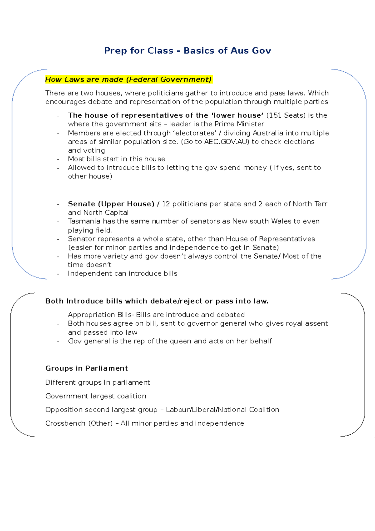 Prep for Class - Assignment - Prep for Class - Basics of Aus Gov How ...