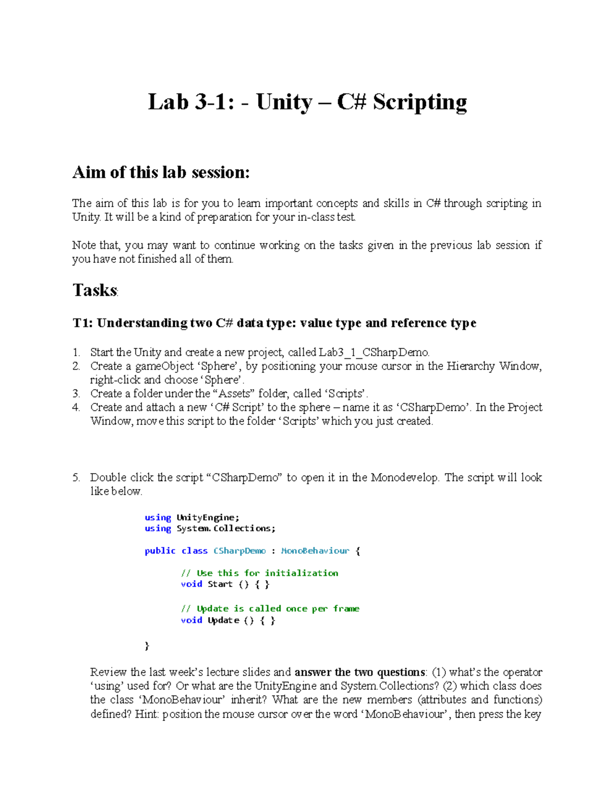 Lab 3 1 Unity Scripting C Lab 3 1 Unity C Scripting Aim Of