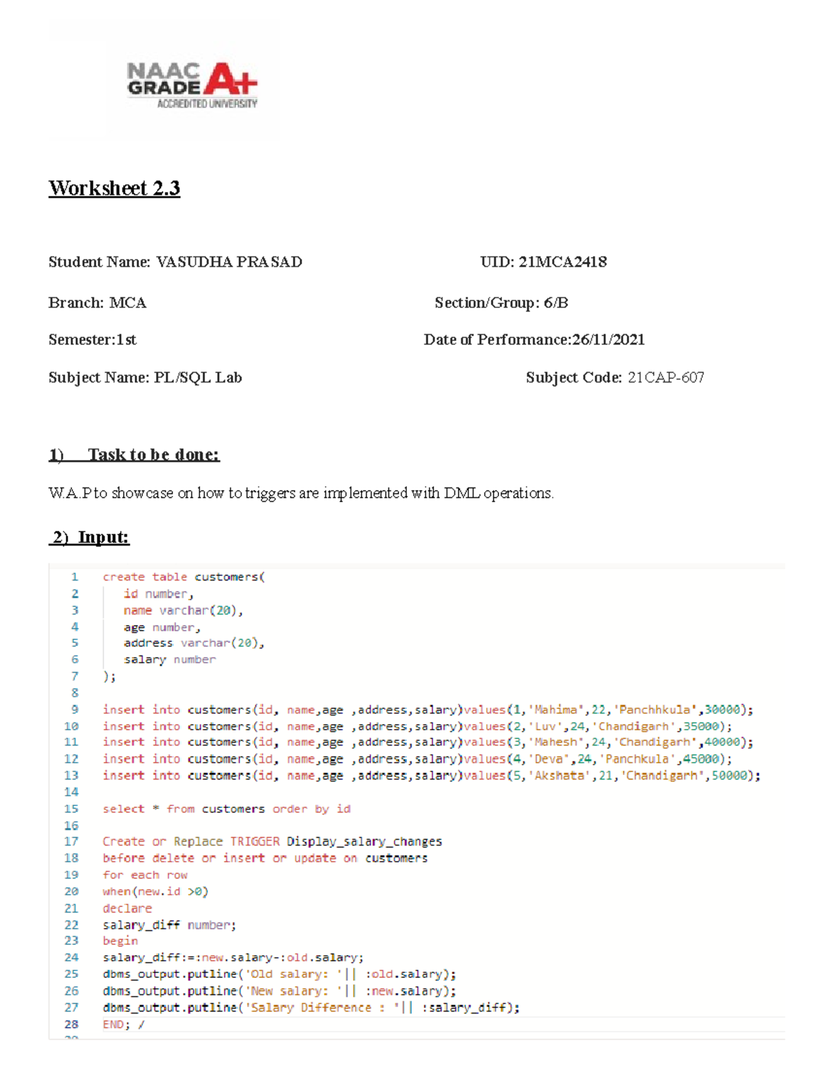 21mca2418 PL/SQL WORKSHEET - Worksheet 2. Student Name: VASUDHA PRASAD ...