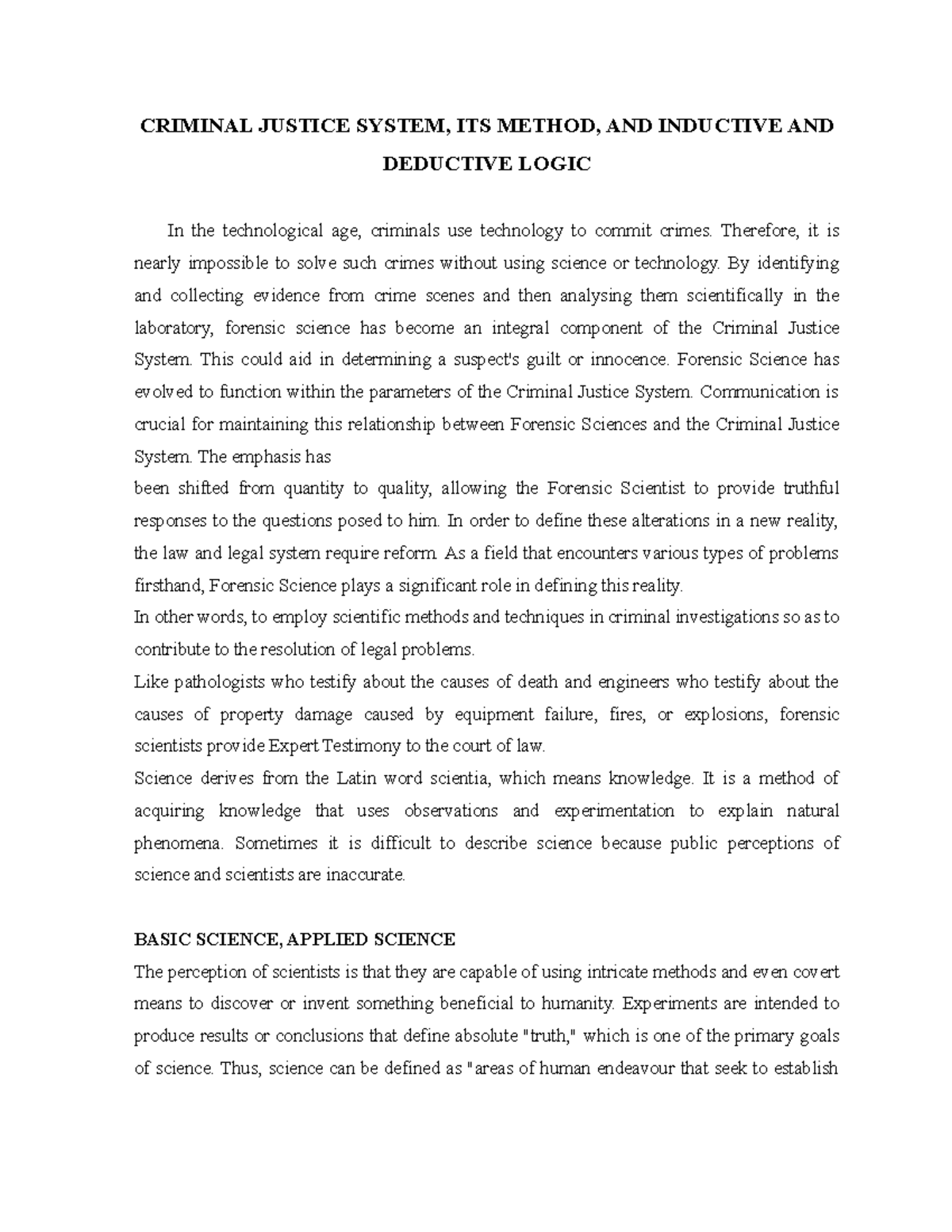 Criminal Justice System, ITS Method, AND Inductive AND Deductive Logic ...