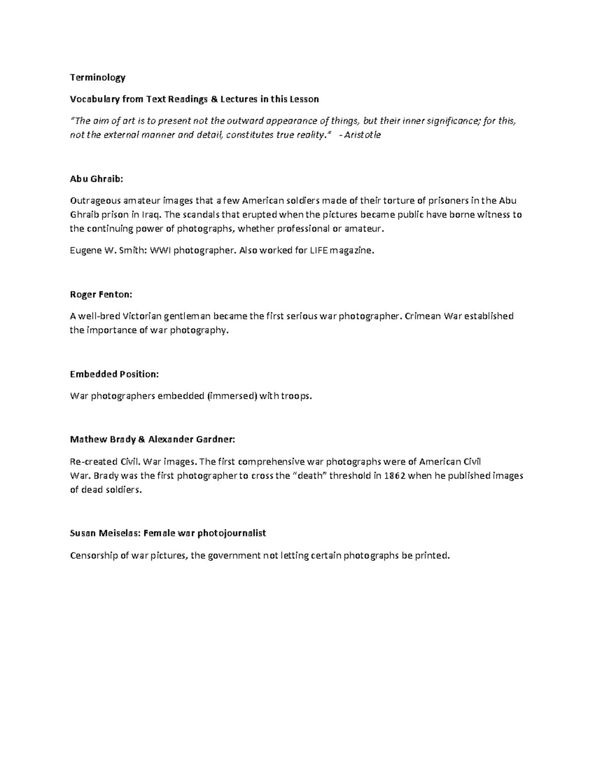 Terminology - Terminology Vocabulary from Text Readings & Lectures in ...