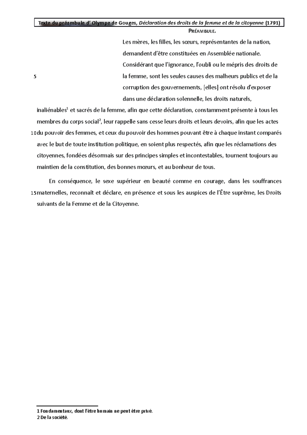 Texte du preambule - Lecture linéaire - Texte du préambule d’ Olympe de ...