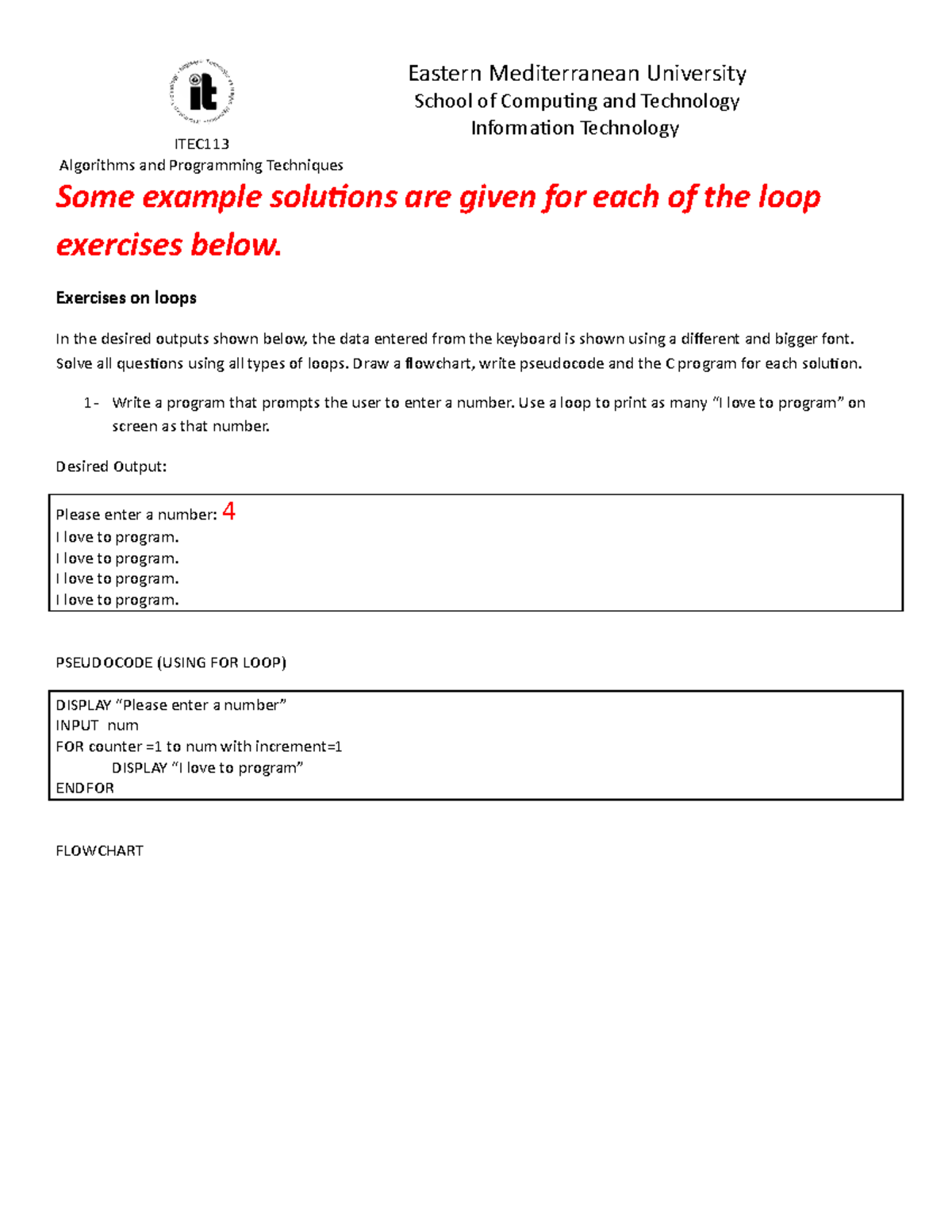 Lab4 Cloops For C Programming Itec Algorithms And Programming Techniques Eastern Mediterranean