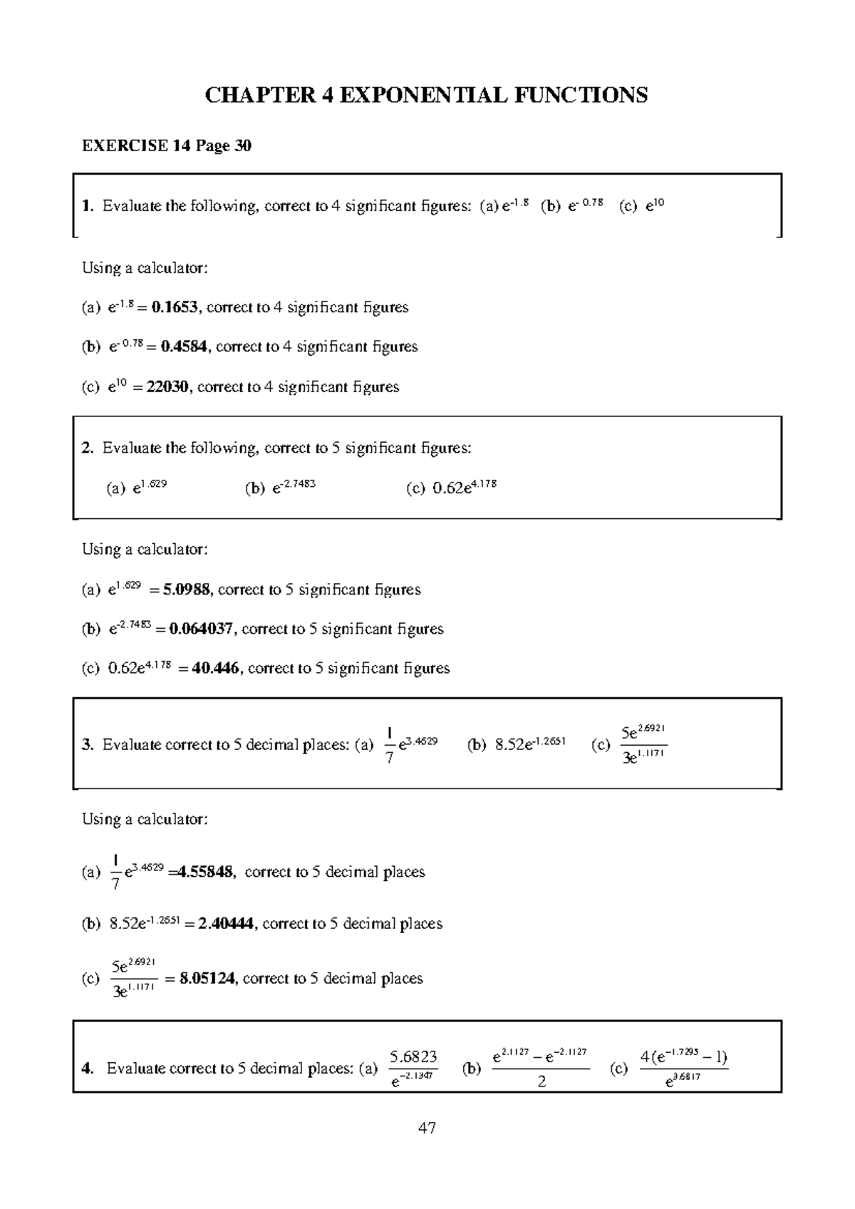 HEM 7th Ed Sol to Exerc Chap 4 - CHAPTER 4 EXPONENTIAL FUNCTIONS EXERCISE 1 4 Page 30 Evaluate ...