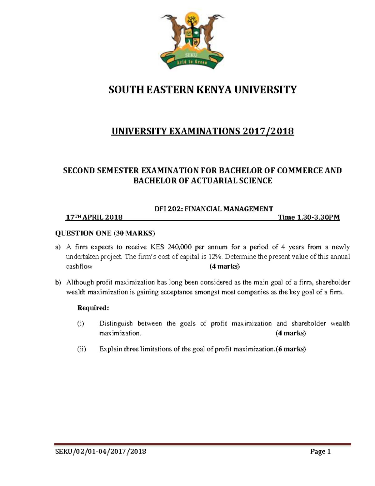 DFI 202 Financial management - SOUTH EASTERN KENYA UNIVERSITY ...