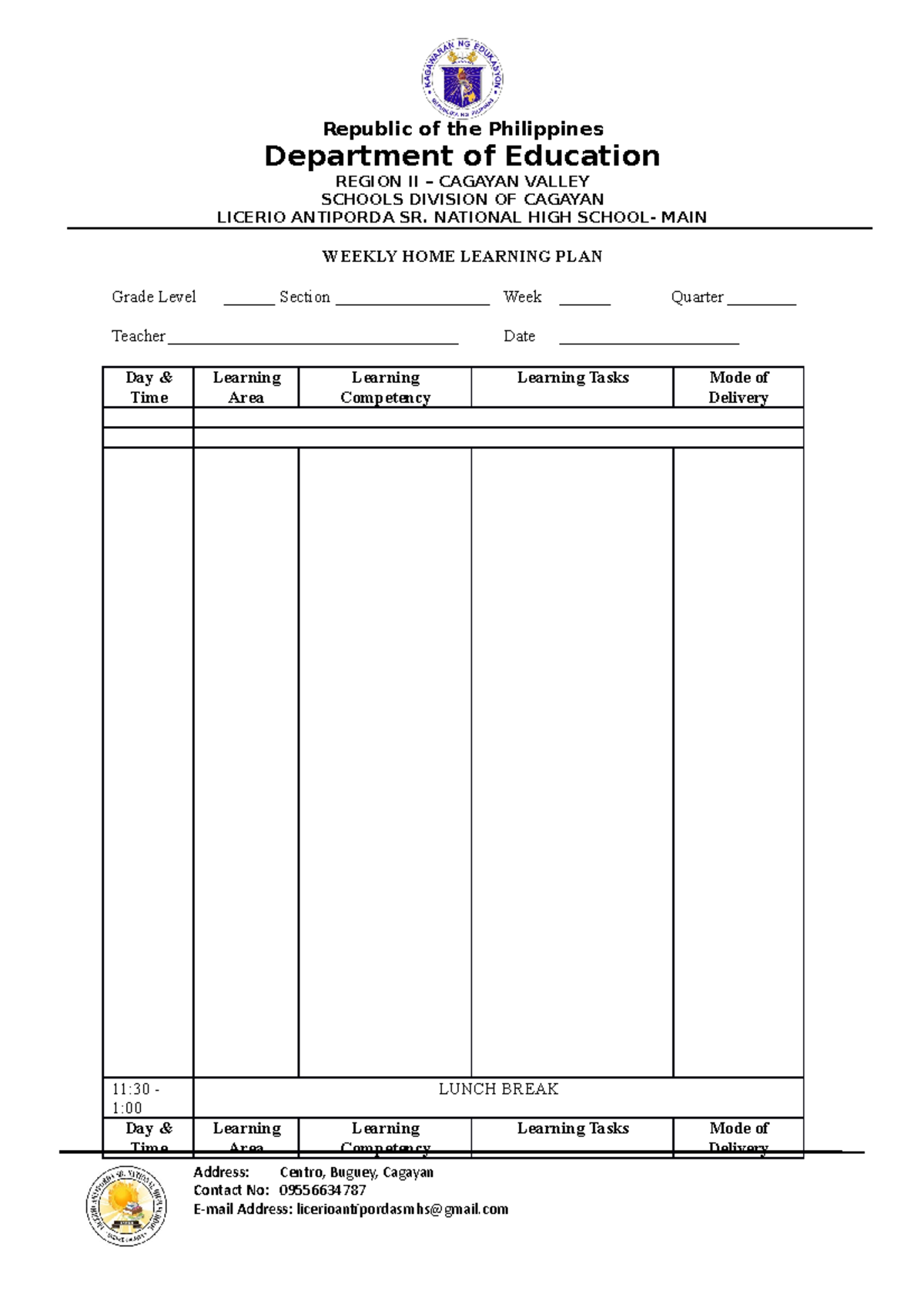 Weekly Home Learning Plan 1 - Republic of the Philippines Department of ...