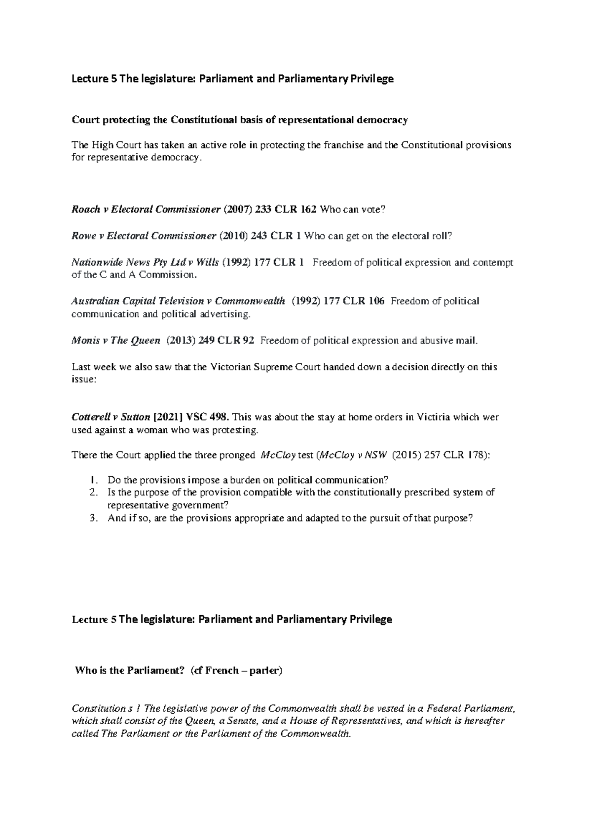 Lecture W5 - Public law summary and notes - Lecture 5 The legislature ...