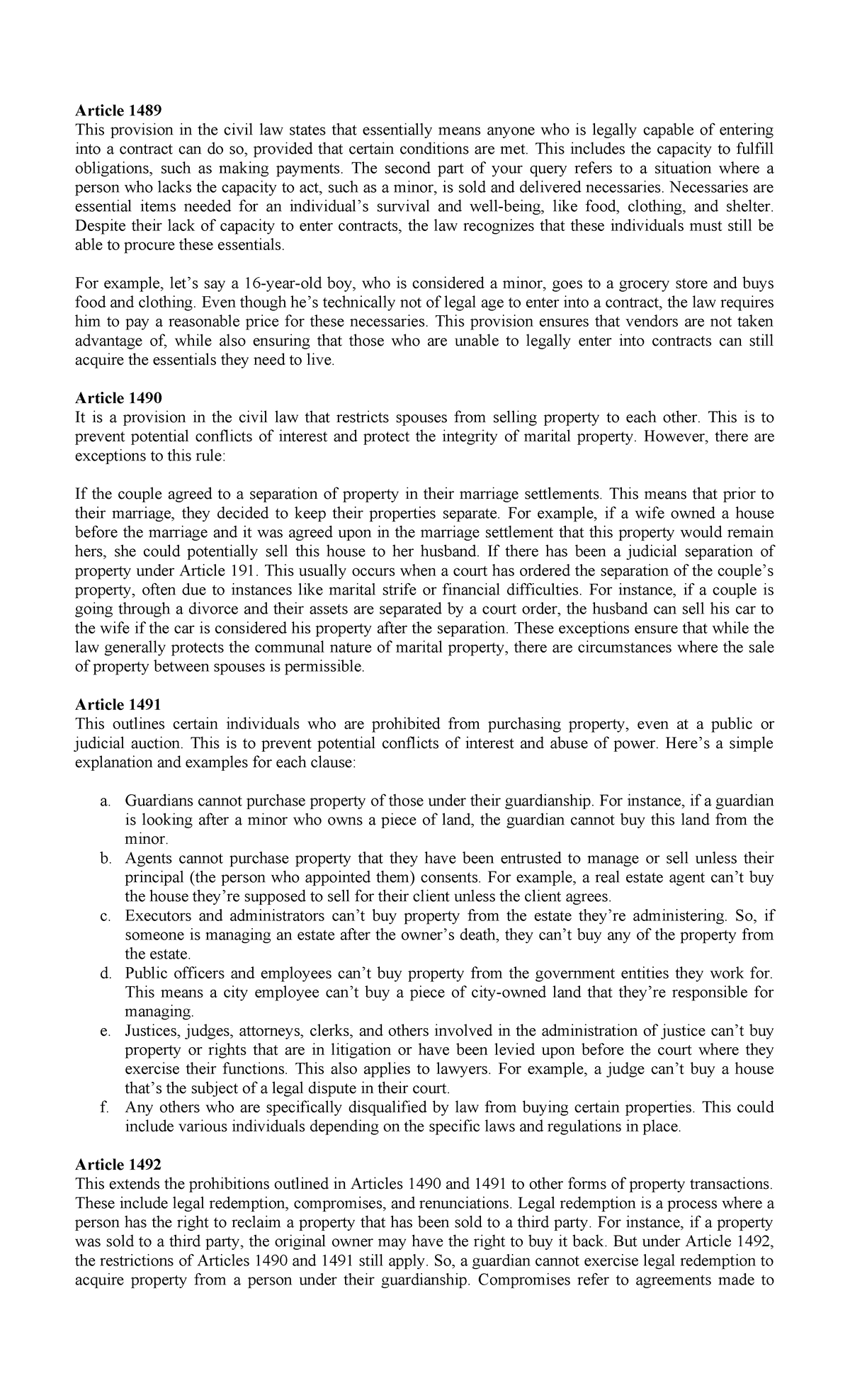 LAW ON SALES 1489 - Article 1489 This provision in the civil law states ...