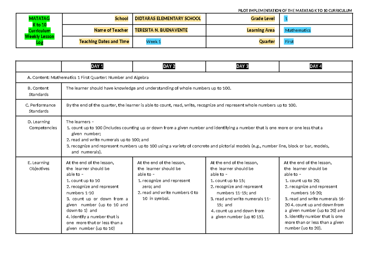 Final Matatag Lesson Exemplar Grade 1 Quarter 1 Week 1 - PILOT IMPLEMENTATION OF THE MATATAG K ...