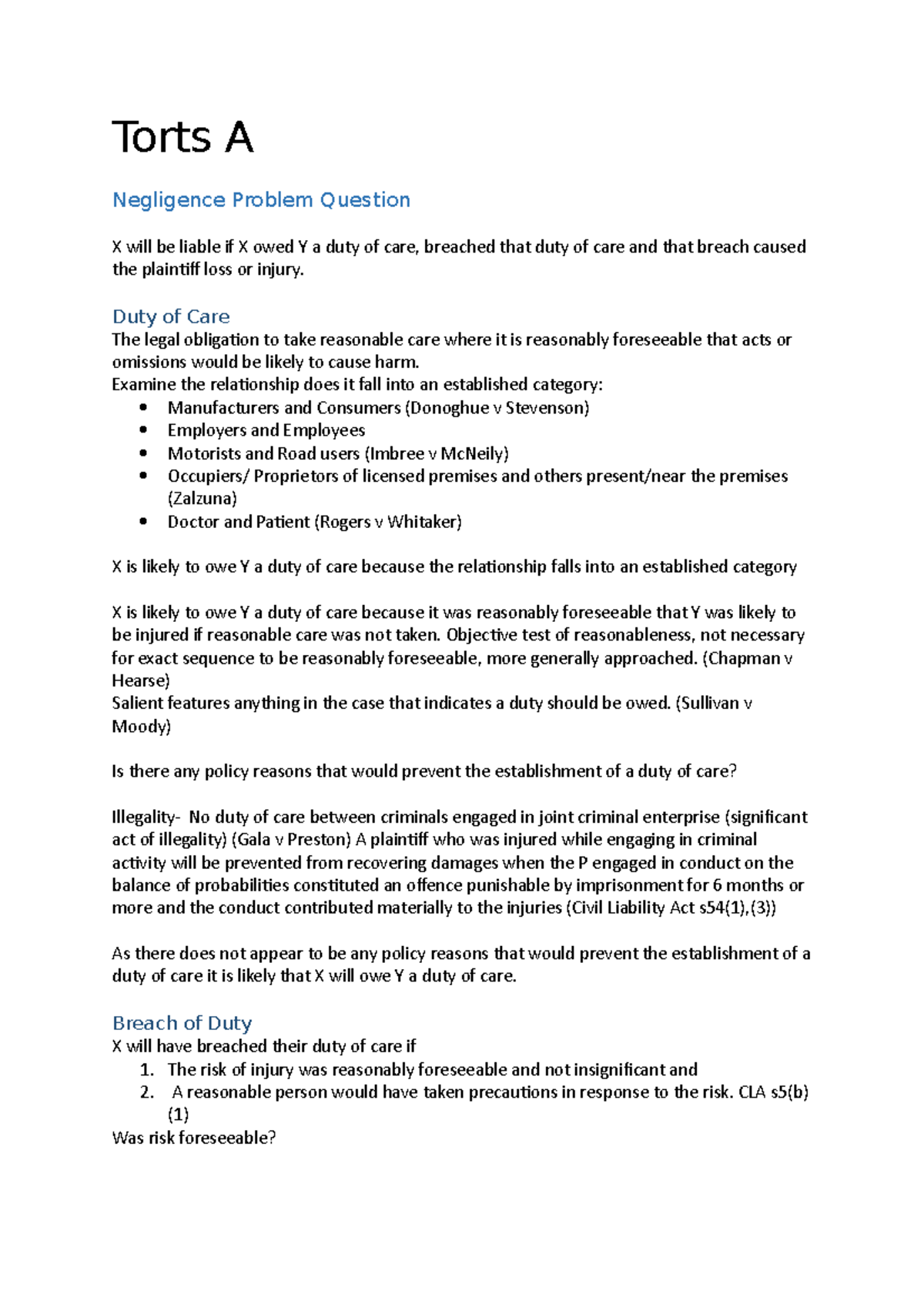 Torts A- notes - Torts A Negligence Problem Question X will be liable ...
