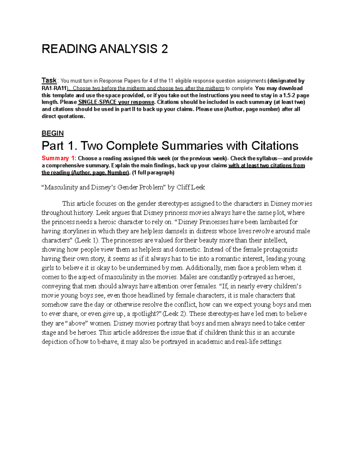 RA 2 - RA 2 - READING ANALYSIS 2 Task :You must turn in Response Papers ...