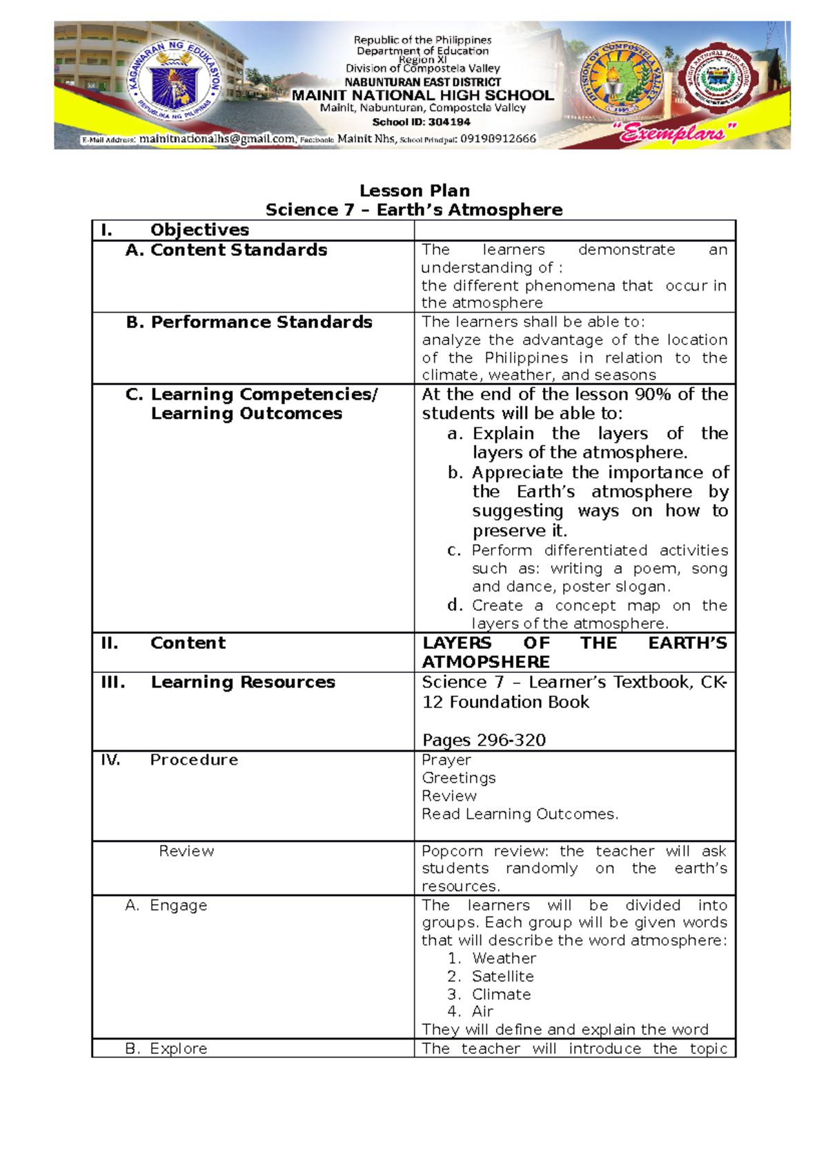 Lesson Plan Earths Atmosphere - Lesson Plan Science 7 – Earth’s ...