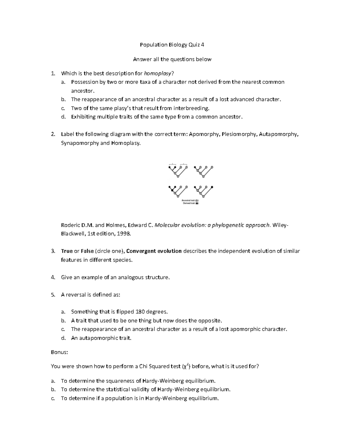 Population Biology Quiz 4 - Population Biology Quiz 4 Answer all the ...