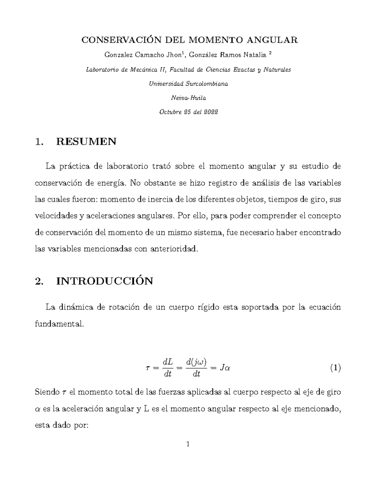 Practica 7 Conservaci N DEL Momento Angular - CONSERVACI ́ON DEL MOMENTO ANGULAR Gonzalez ...