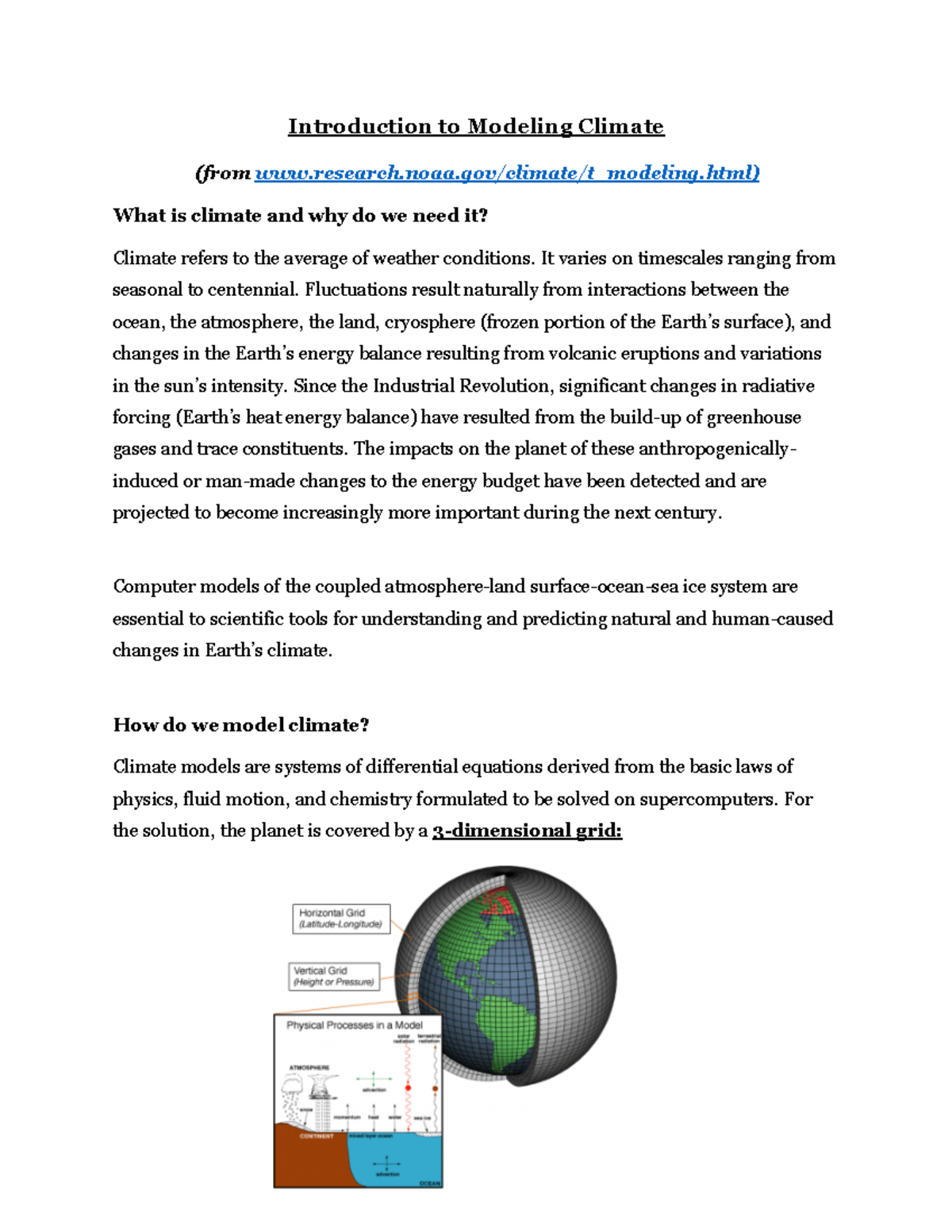Climate Modeling - Introduction to Modeling Climate (from research.noaa ...