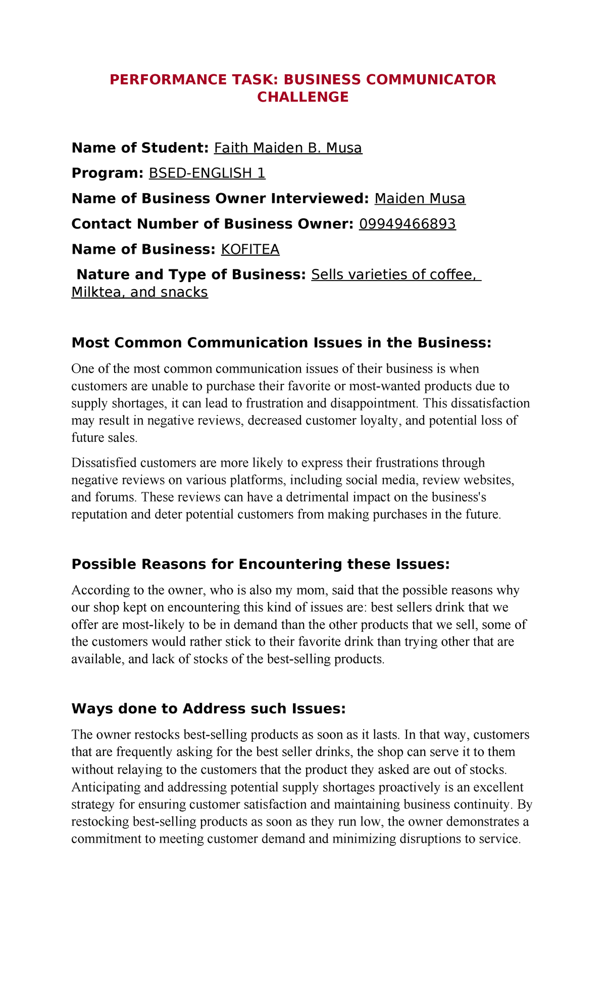 Performance-TASK- Template - PERFORMANCE TASK: BUSINESS COMMUNICATOR ...