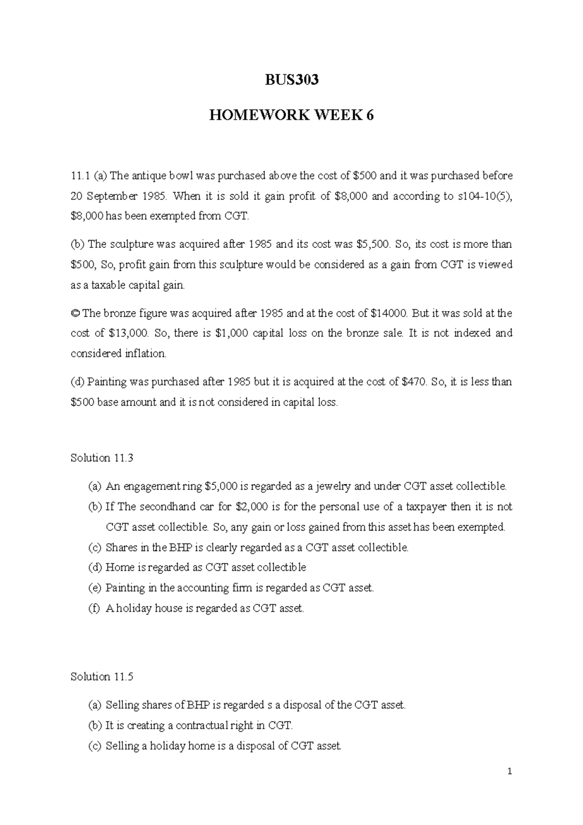 BUS303 Homeworkweek 6 - BRIEF - BUS HOMEWORK WEEK 6 11 (a) The antique ...
