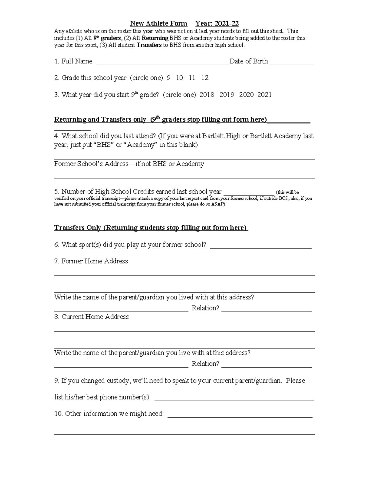 Transfer New Student Athlete Form - New Athlete Form Year: 2021- Any ...
