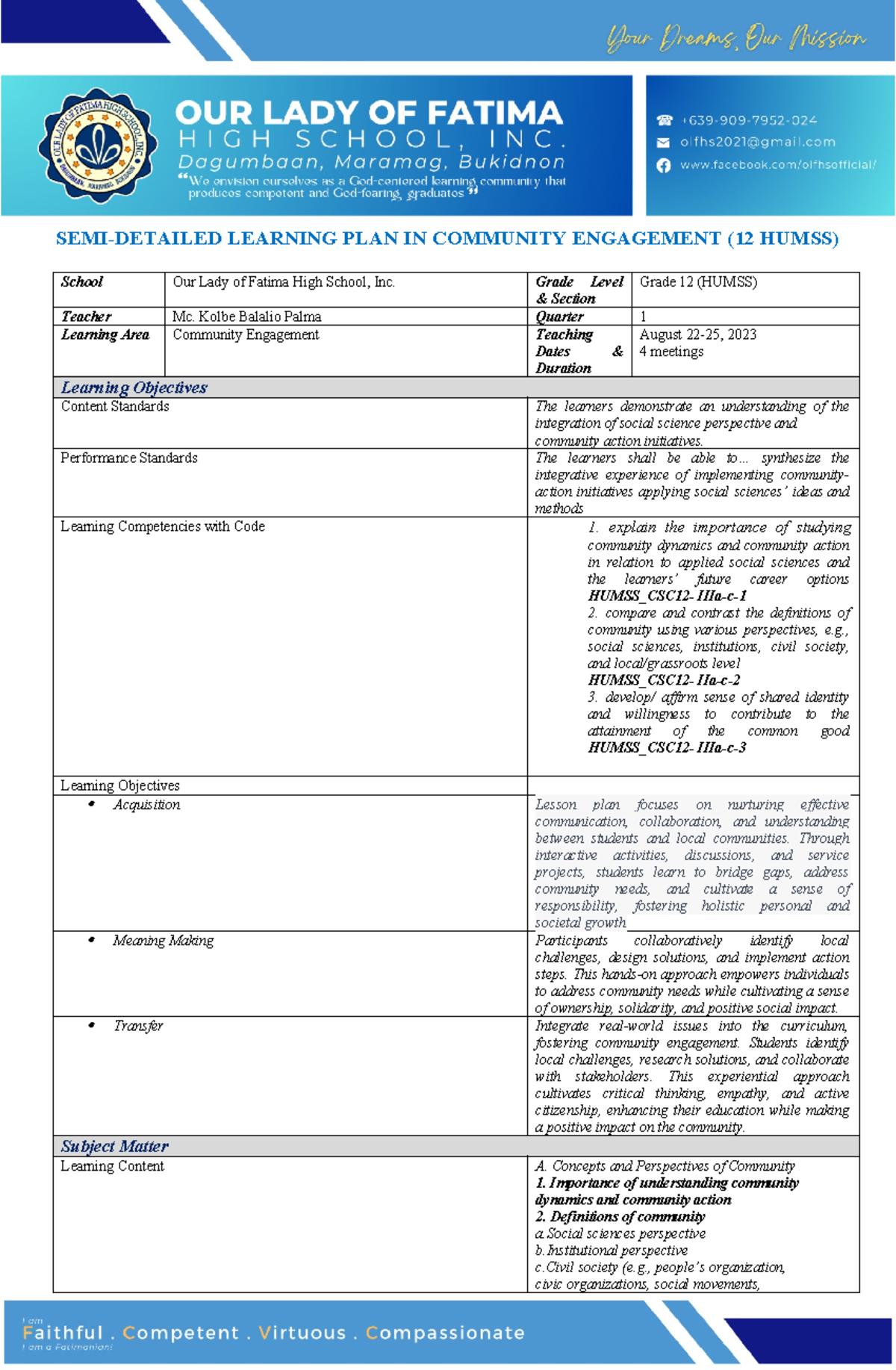 Community Engagement Lesson Plan W1 - SEMI-DETAILED LEARNING PLAN IN ...