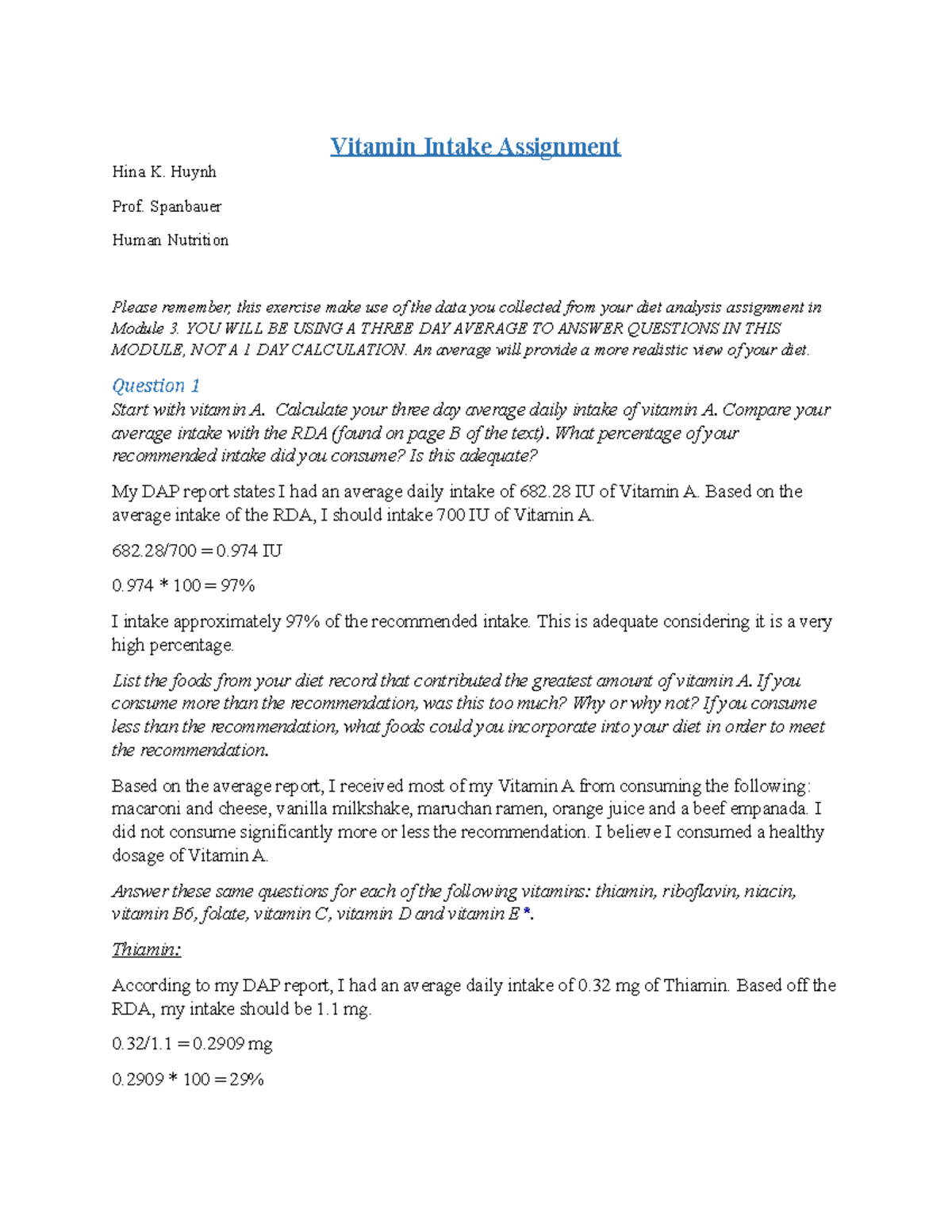 HUM NUT-M3Vitamin Intake - Vitamin Intake Assignment Hina K. Huynh Prof ...