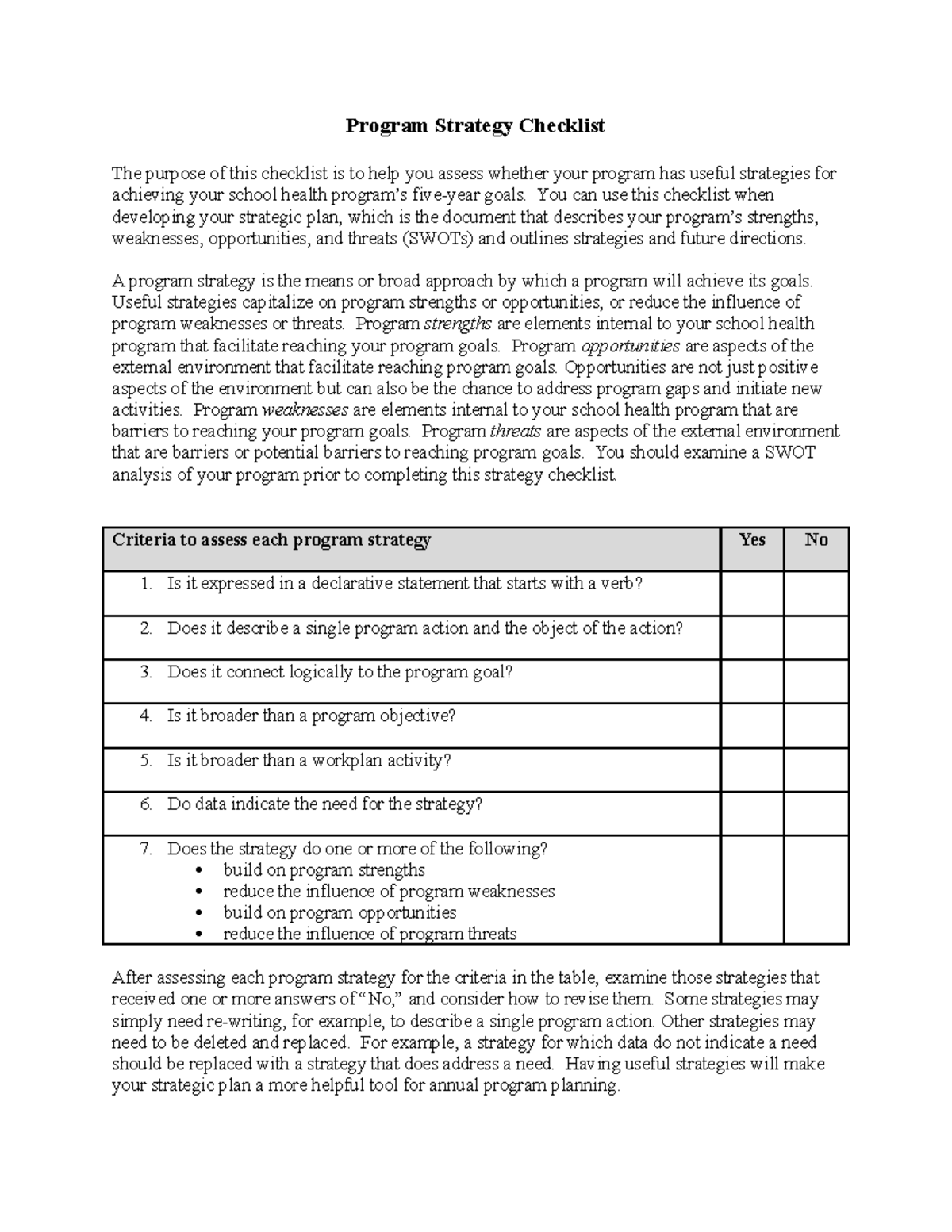 Program strategy checklist - Program Strategy Checklist The purpose of ...