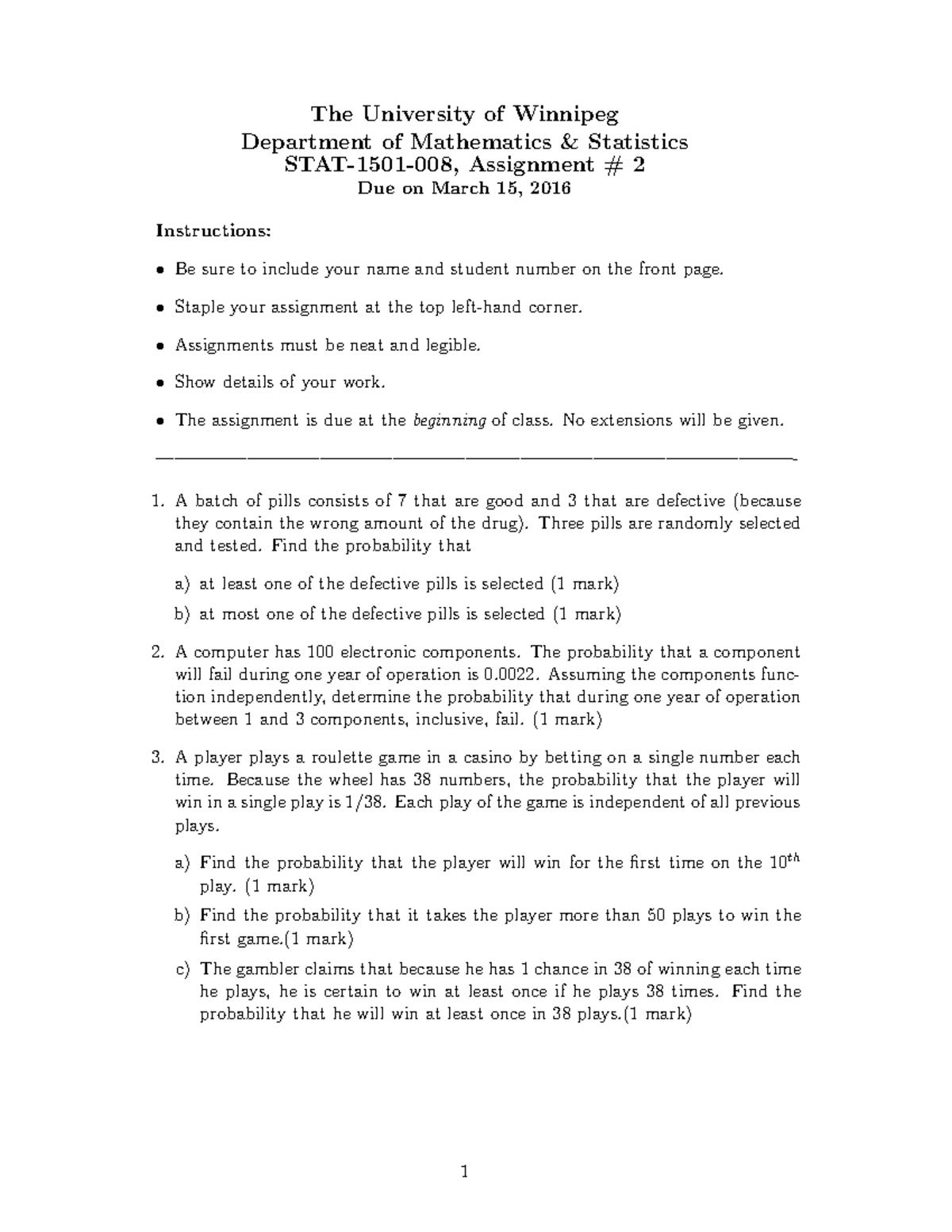 STAT 1501 Assignment 2 2016 - The University of Winnipeg Department of ...