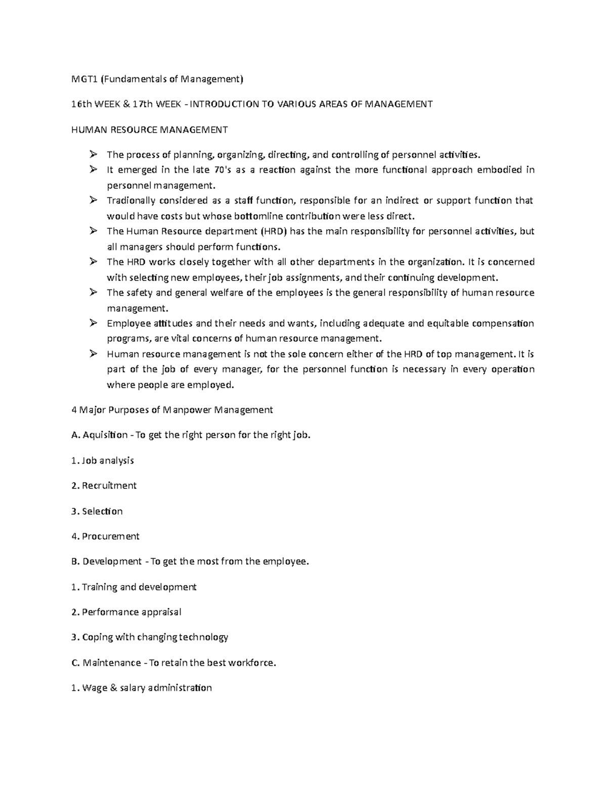 MGT1 16th & 17th WEEK INTRODUCTION TO VARIOUS AREAS OF MANAGEMENT ...