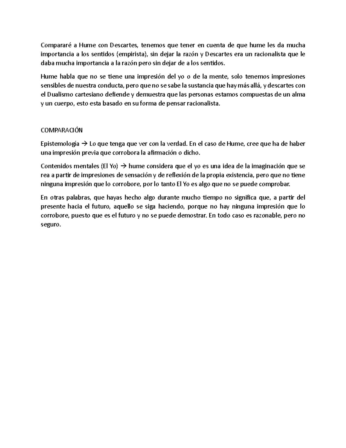 Compararé a Hume con Descartes - Hume habla que no se tiene una ...