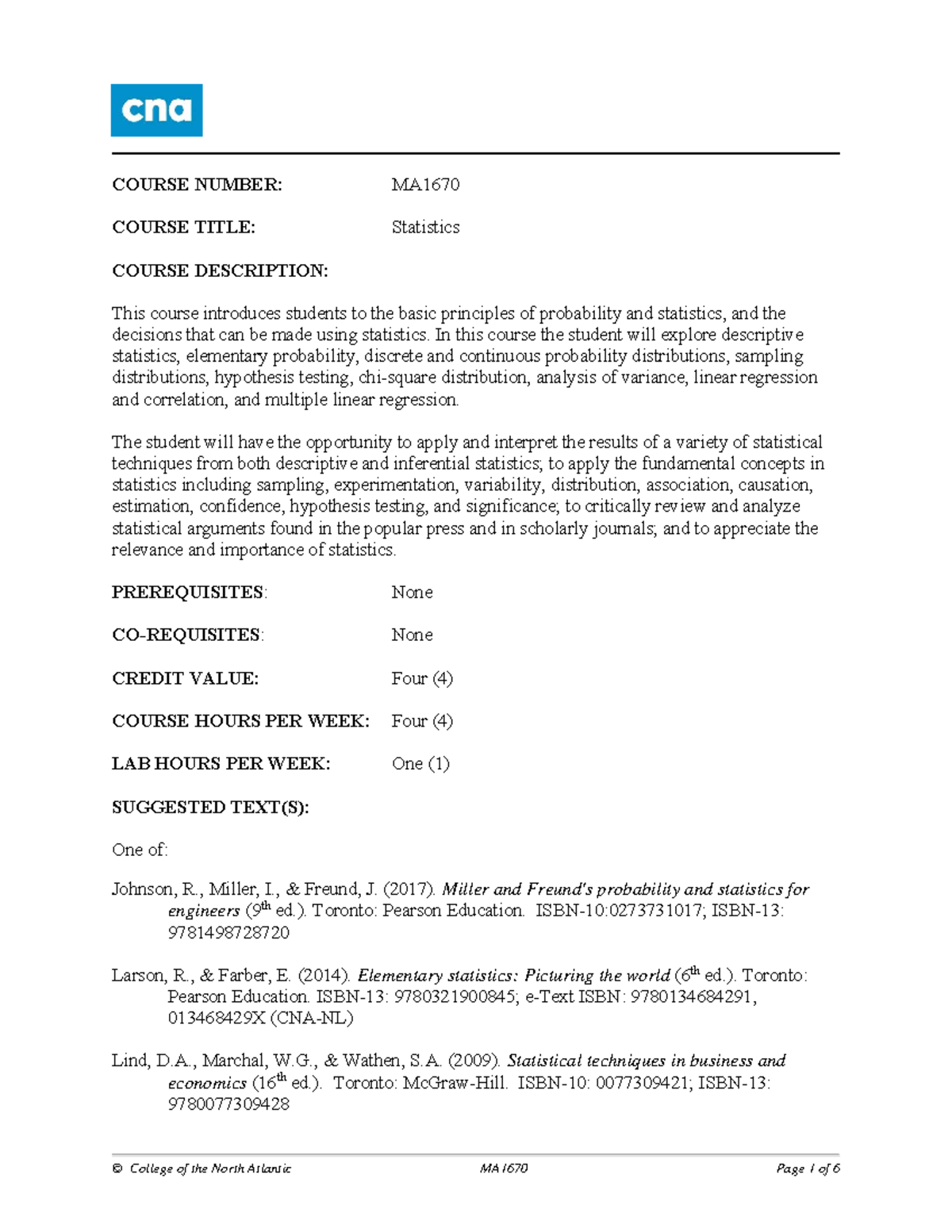 MA1670 statistics - syllabus - COURSE NUMBER: MA COURSE TITLE ...