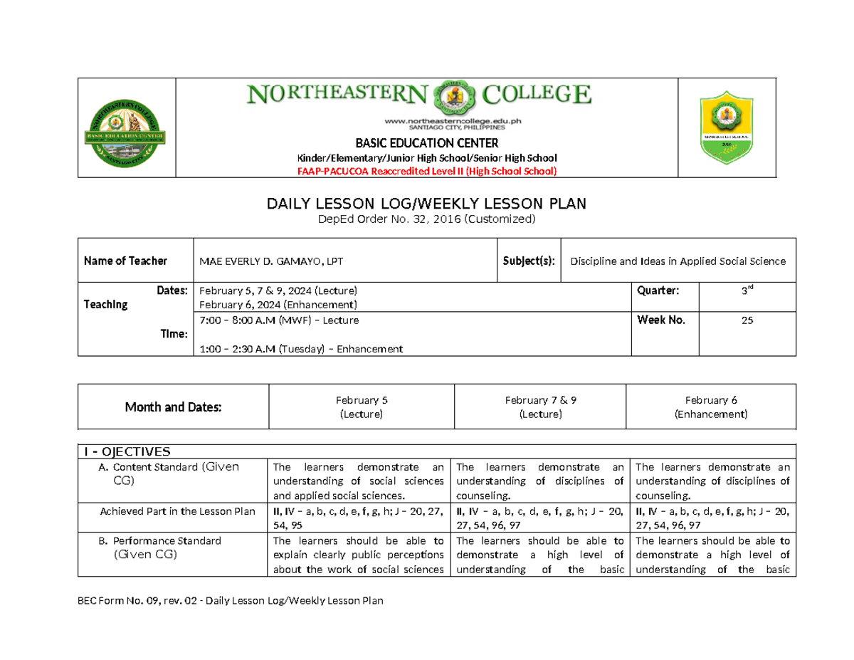 Week 25 Lesson 1 - BASIC EDUCATION CENTER Kinder/Elementary/Junior High School/Senior High ...