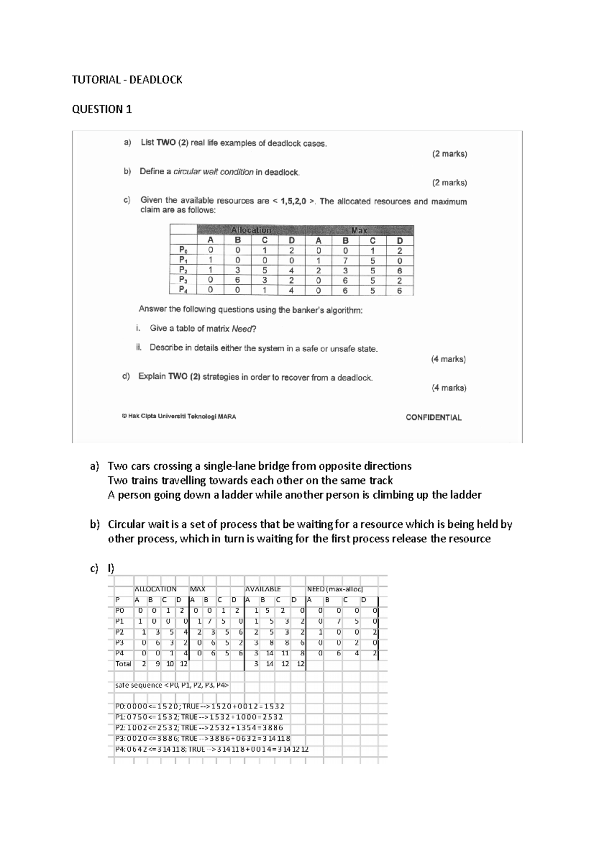 Tutorial- Deadlock - TUTORIAL - DEADLOCK QUESTION 1 a) Two cars ...