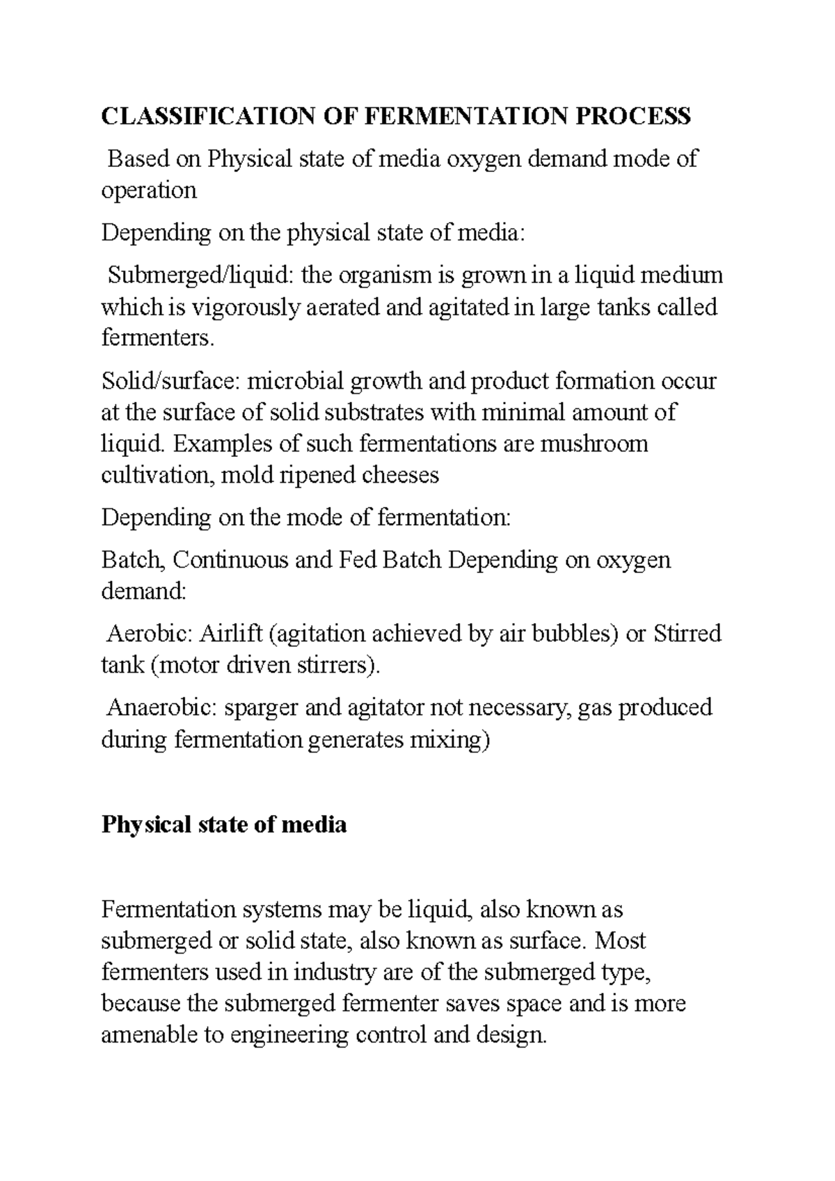 Classification OF Fermentation Process - CLASSIFICATION OF FERMENTATION ...