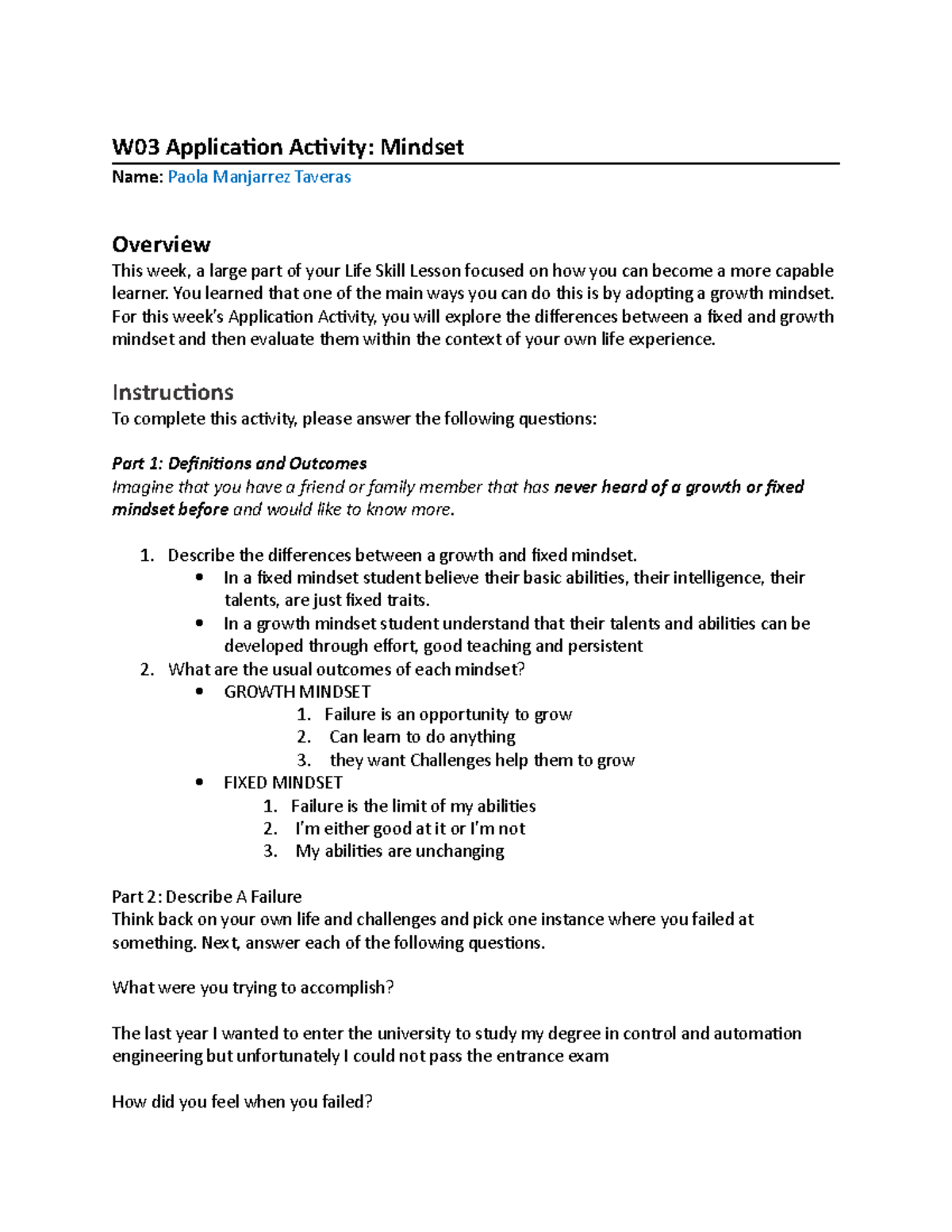 Application Activity Template- Paola Manjarrez - W03 Application Activity: Mindset Name : Paola ...