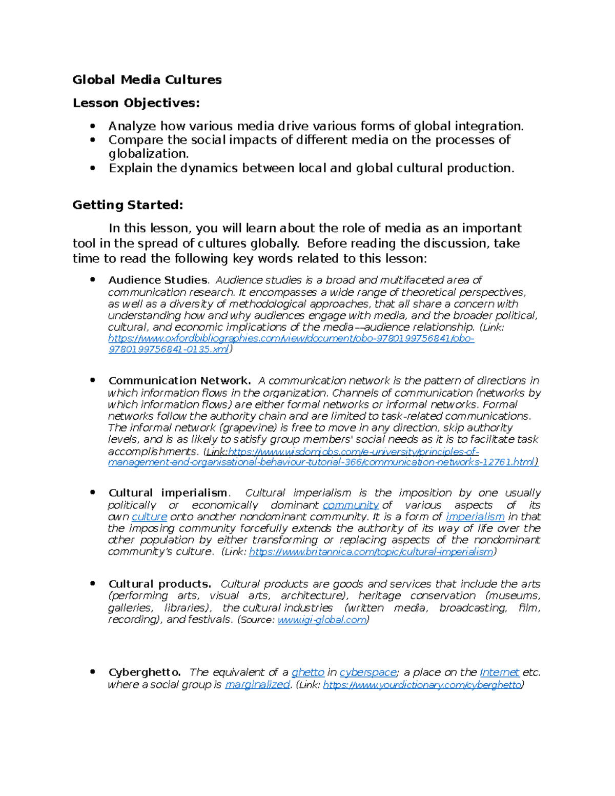 Global Media Cultures - Lecture notes 1 - Global Media Cultures Lesson ...