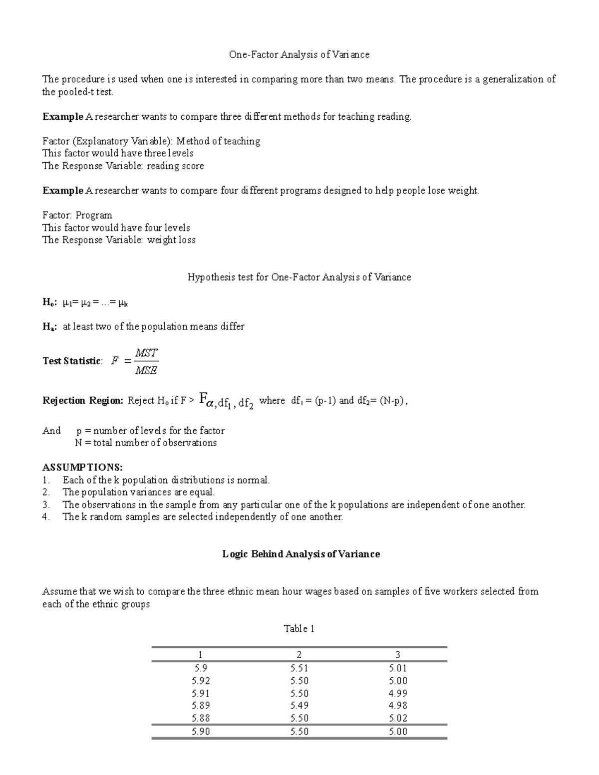 Chapter 2 Supplement One-Factor Analysis of Variance(2) (35) - One ...