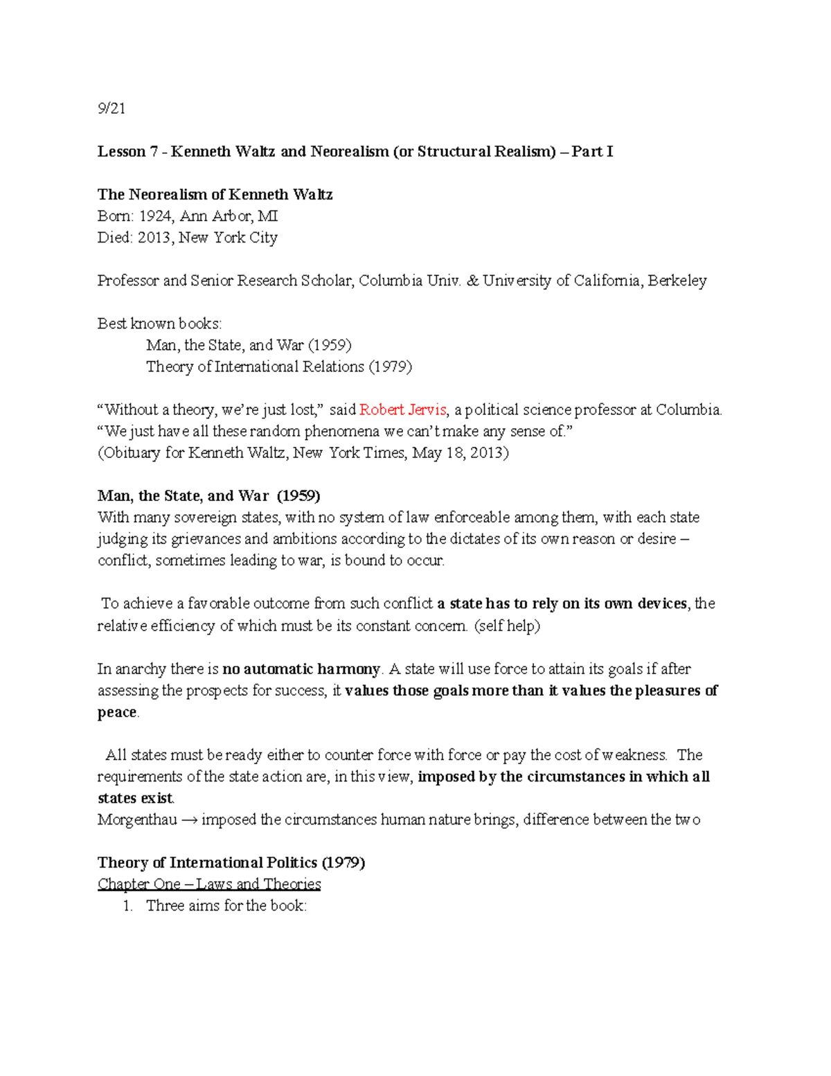 POSC 303 - week 4 - 9/ Lesson 7 - Kenneth Waltz and Neorealism (or ...