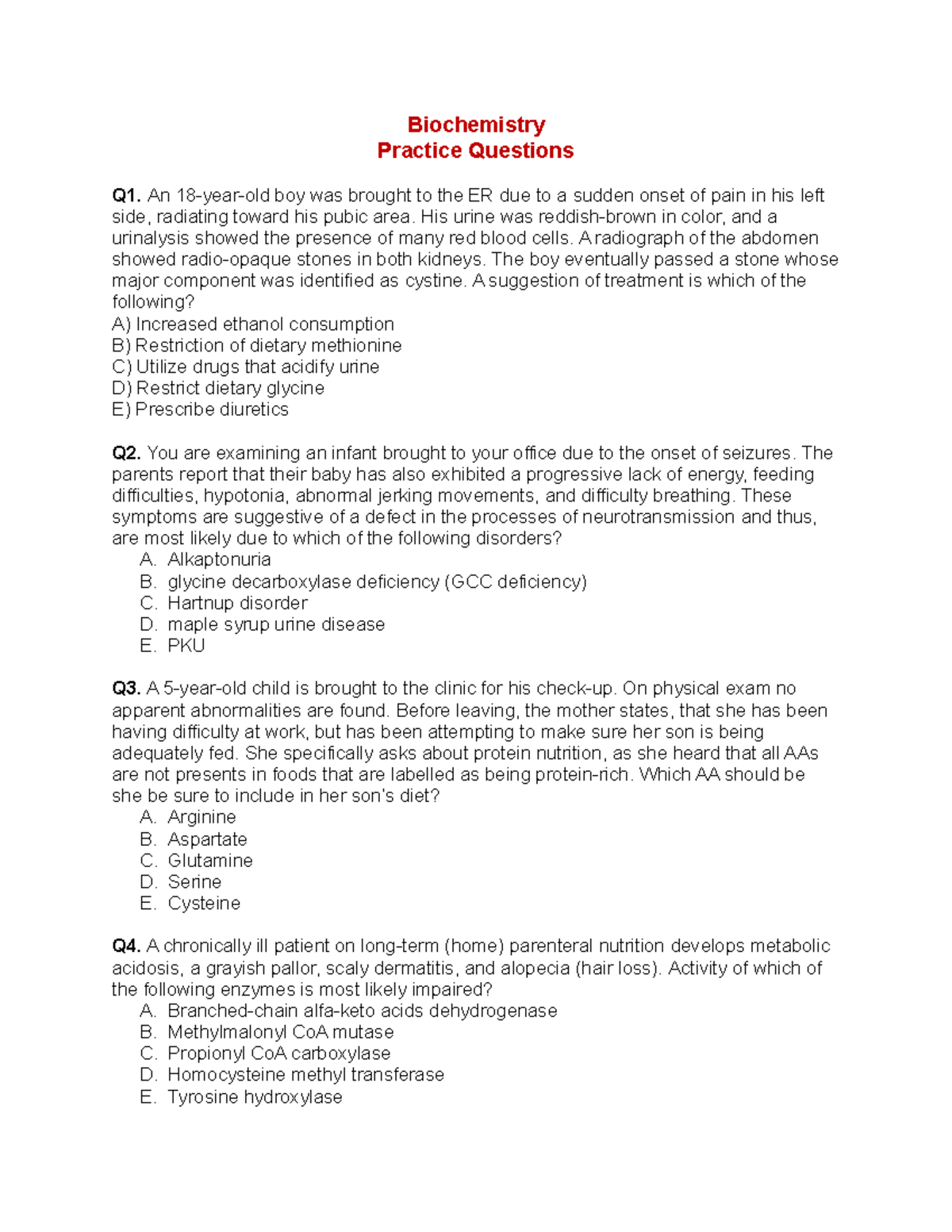 Biochemistry Practice Questions 6 - Biochemistry Practice Questions Q1 ...