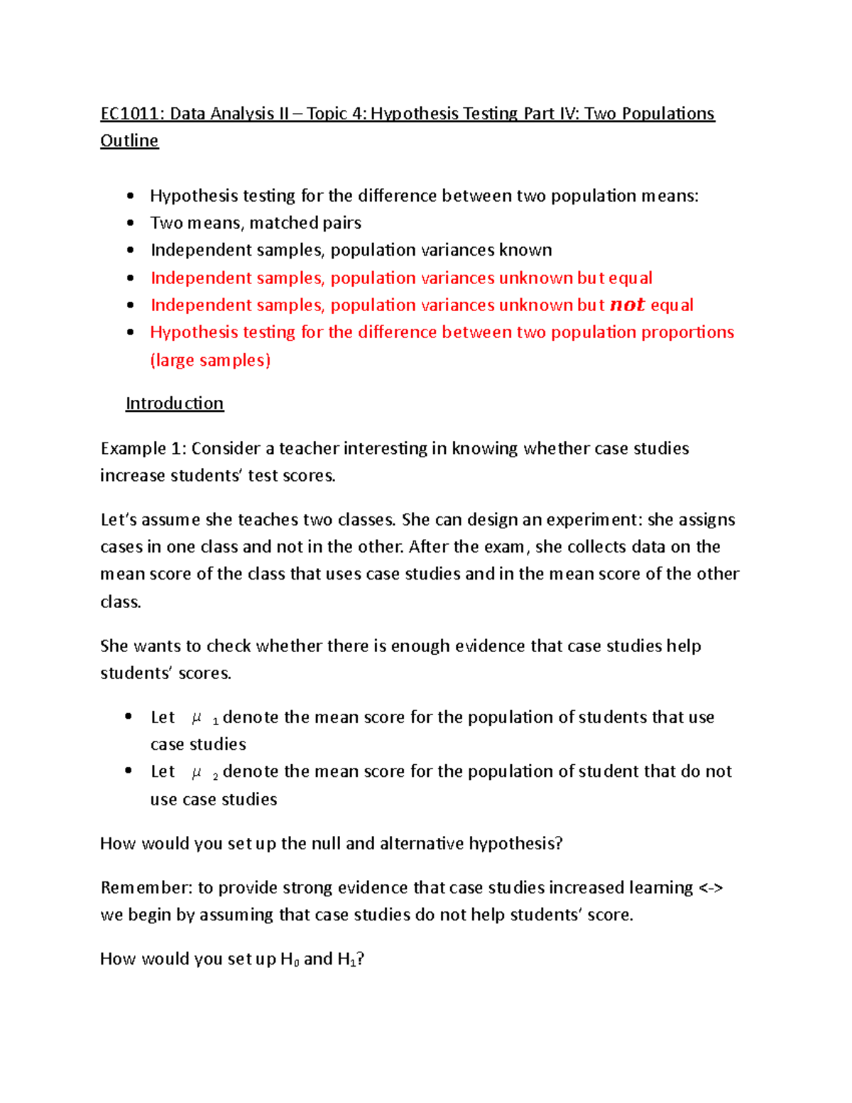 Lecture 7 - Data analysis for first year economics students - EC1011: Data Analysis II – Topic 4 ...