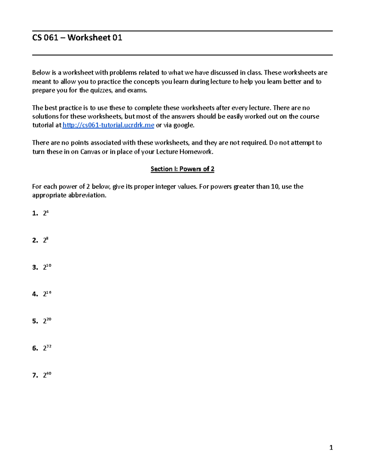 Worksheet 1 - CS 061 – Worksheet 01 Below is a worksheet with problems ...