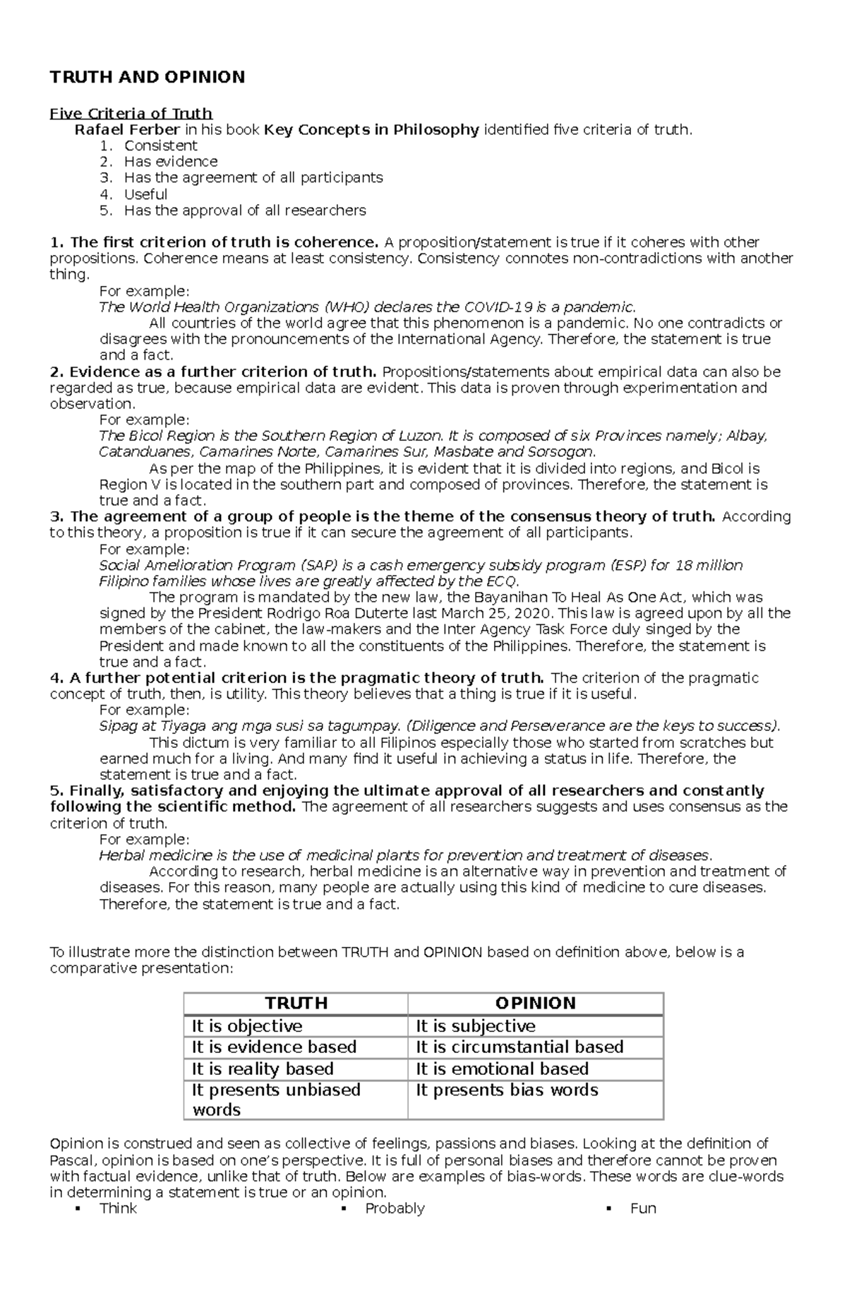 Intro To Philo Truth AND Opinion - INTRODUCTION TO THE PHILOSOPHY OF THE HUMAN PERSON TRUTH AND ...