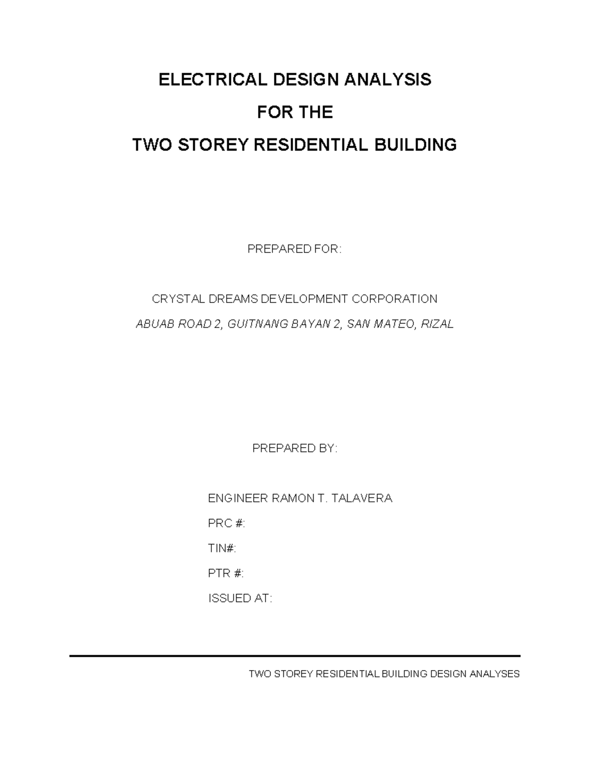 Pdfcoffee - Analysis - ELECTRICAL DESIGN ANALYSIS FOR THE TWO STOREY RESIDENTIAL BUILDING ...