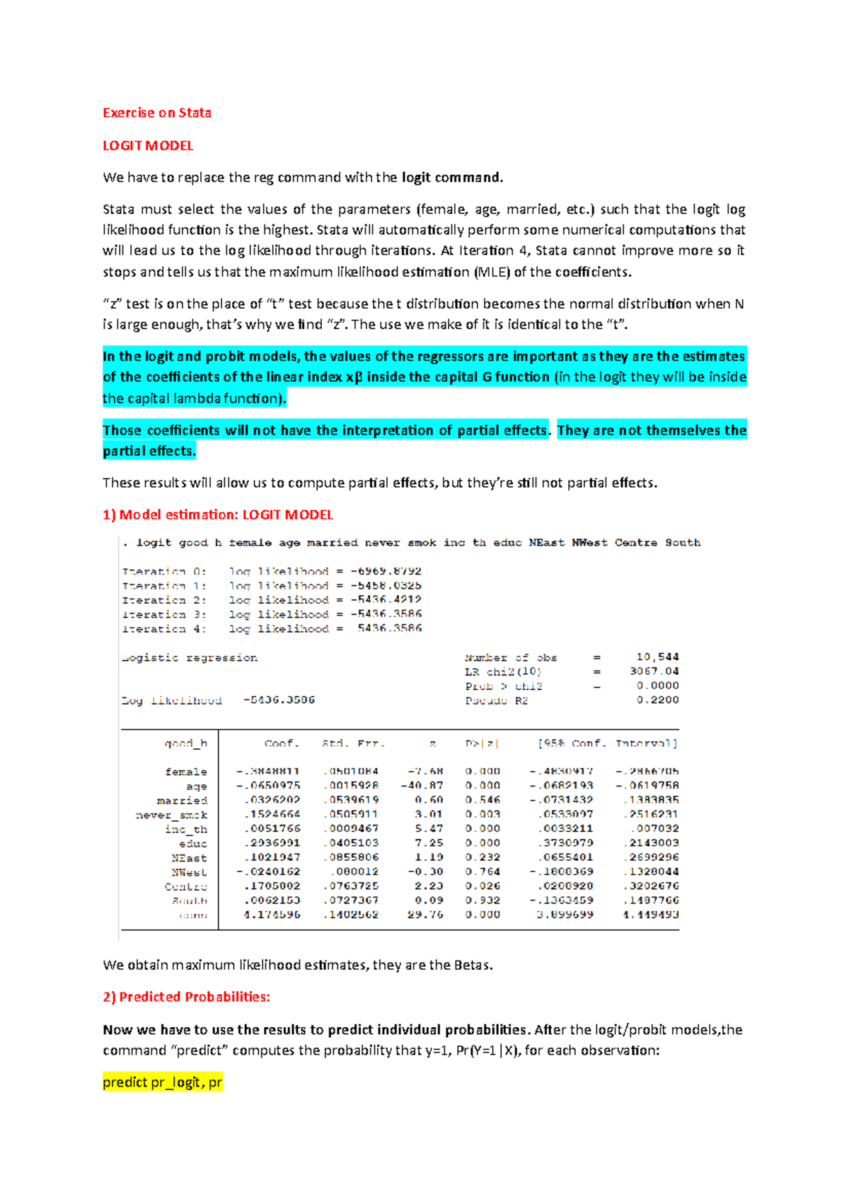 Stata exercise Logit AND Probit - Exercise on Stata LOGIT MODEL We have ...