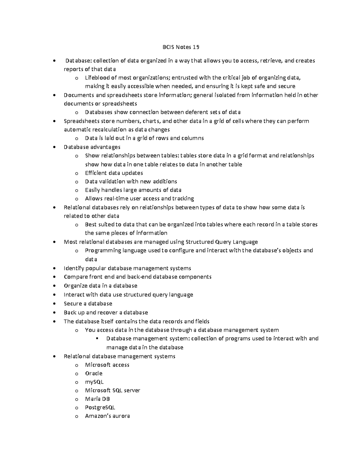 BCIS Notes 19 - databases, spreadsheets, relational database management ...