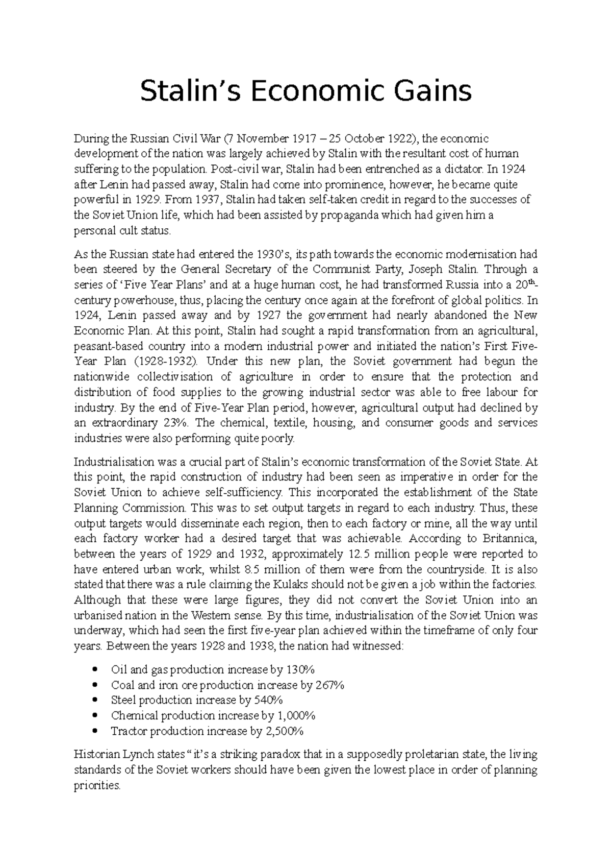 Modern History Assessment Task - Stalin’s Economic Gains During the ...