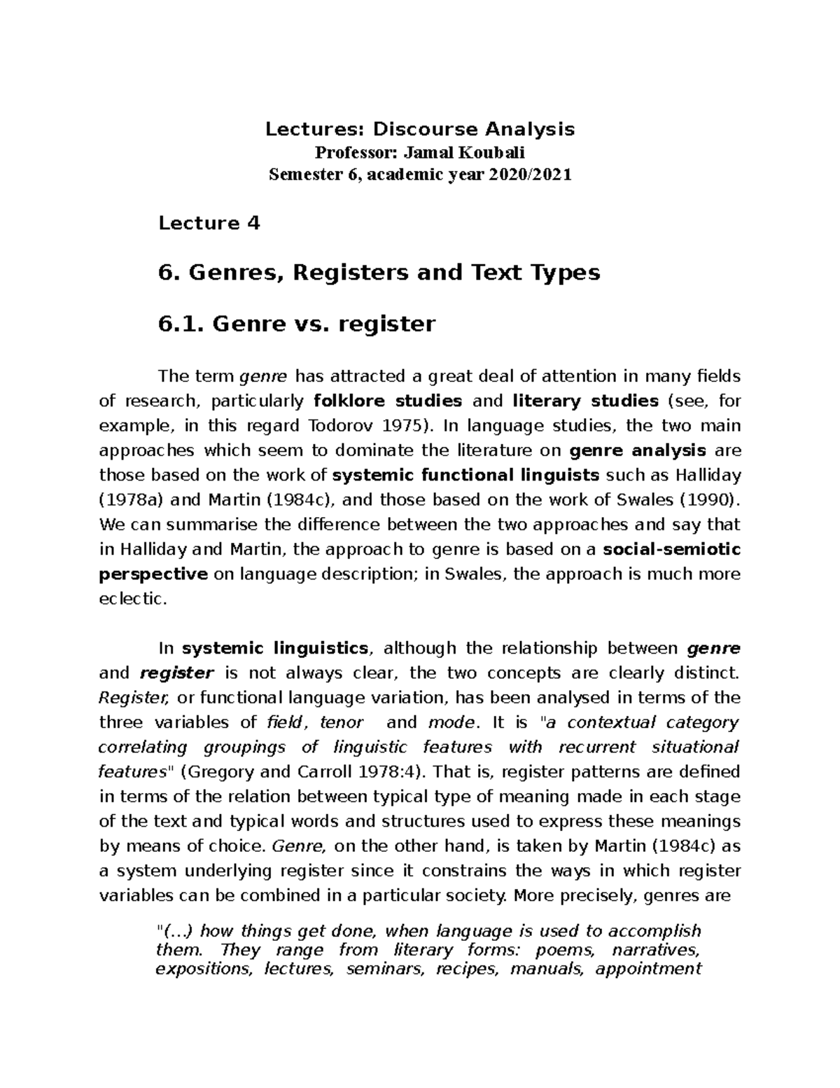 4 M33 S6P2, Discourse Analysis, Lecture 4, Pr. Koubali - Lectures: Discourse Analysis Professor ...