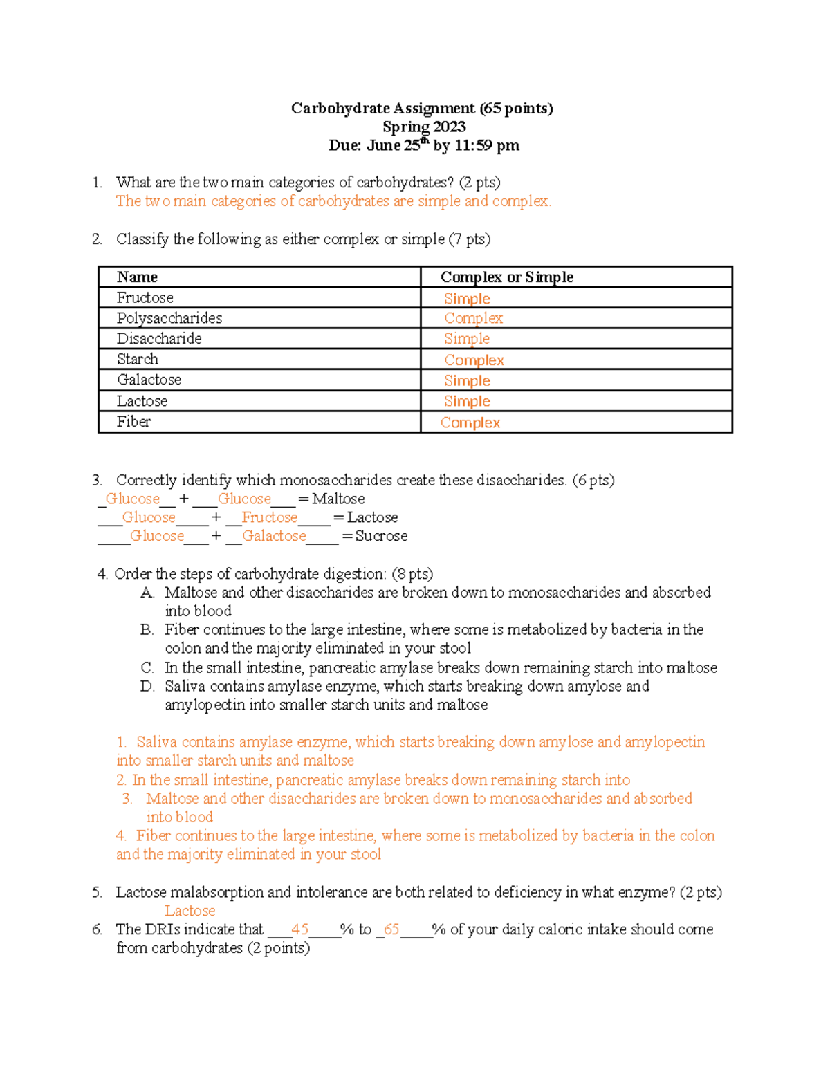 Carbohydrate Assignment - Classify the following as either complex or ...