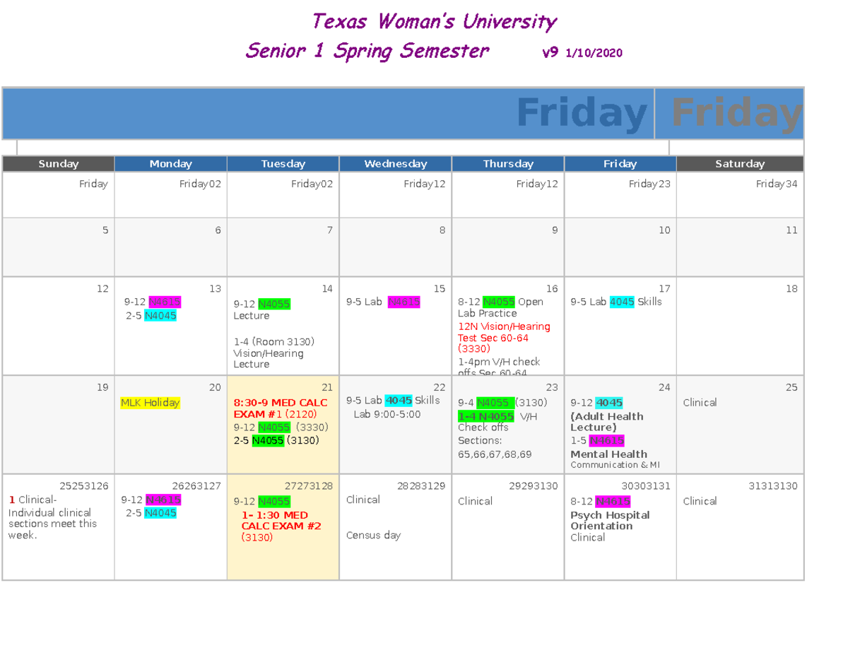 Spr 2020 Calendar v9 Jan 10 2020 - Senior 1 Spring Semester v9 1/10 ...