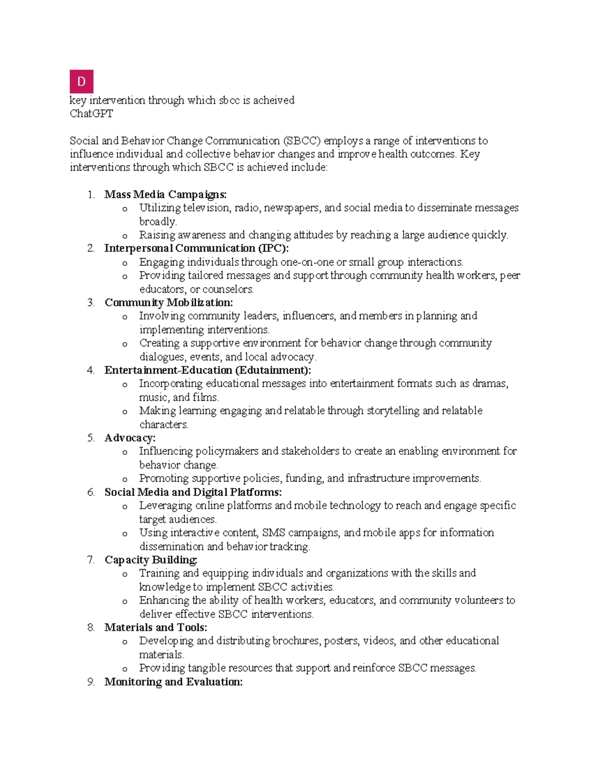 Key intervention through which sbcc is acheived - key intervention ...