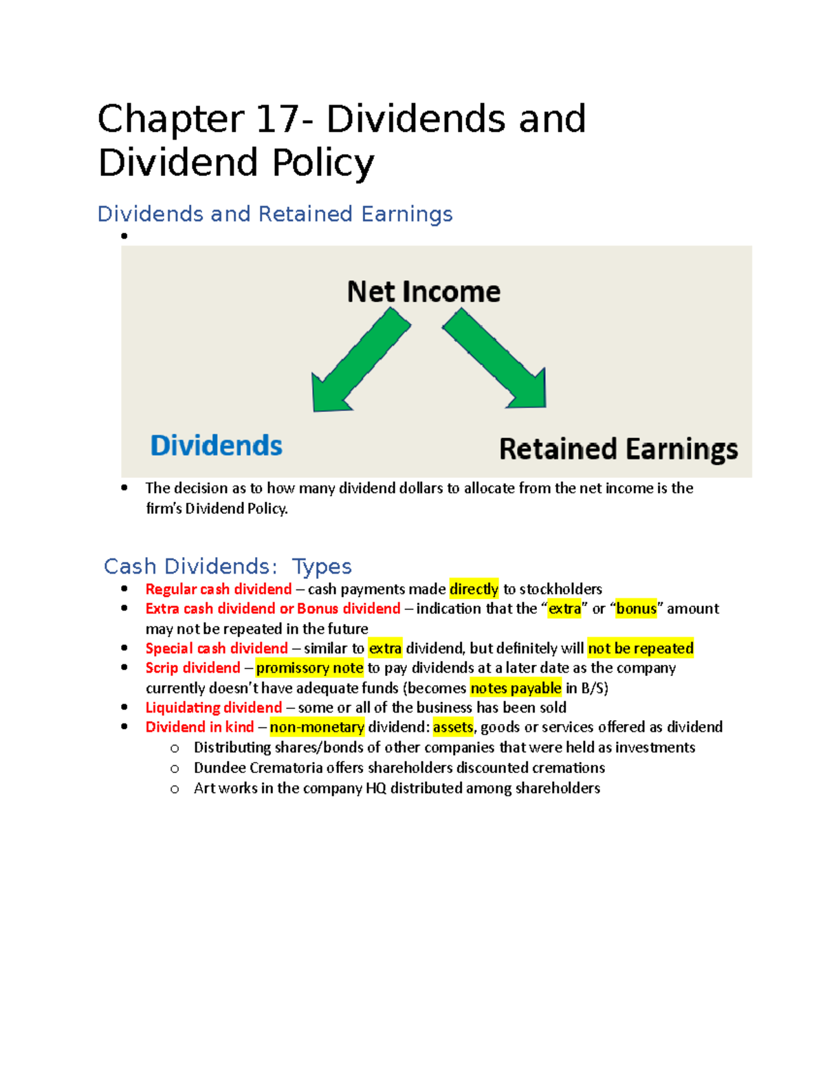 Combined finance notes chapter 17-23 - Chapter 17- Dividends and ...